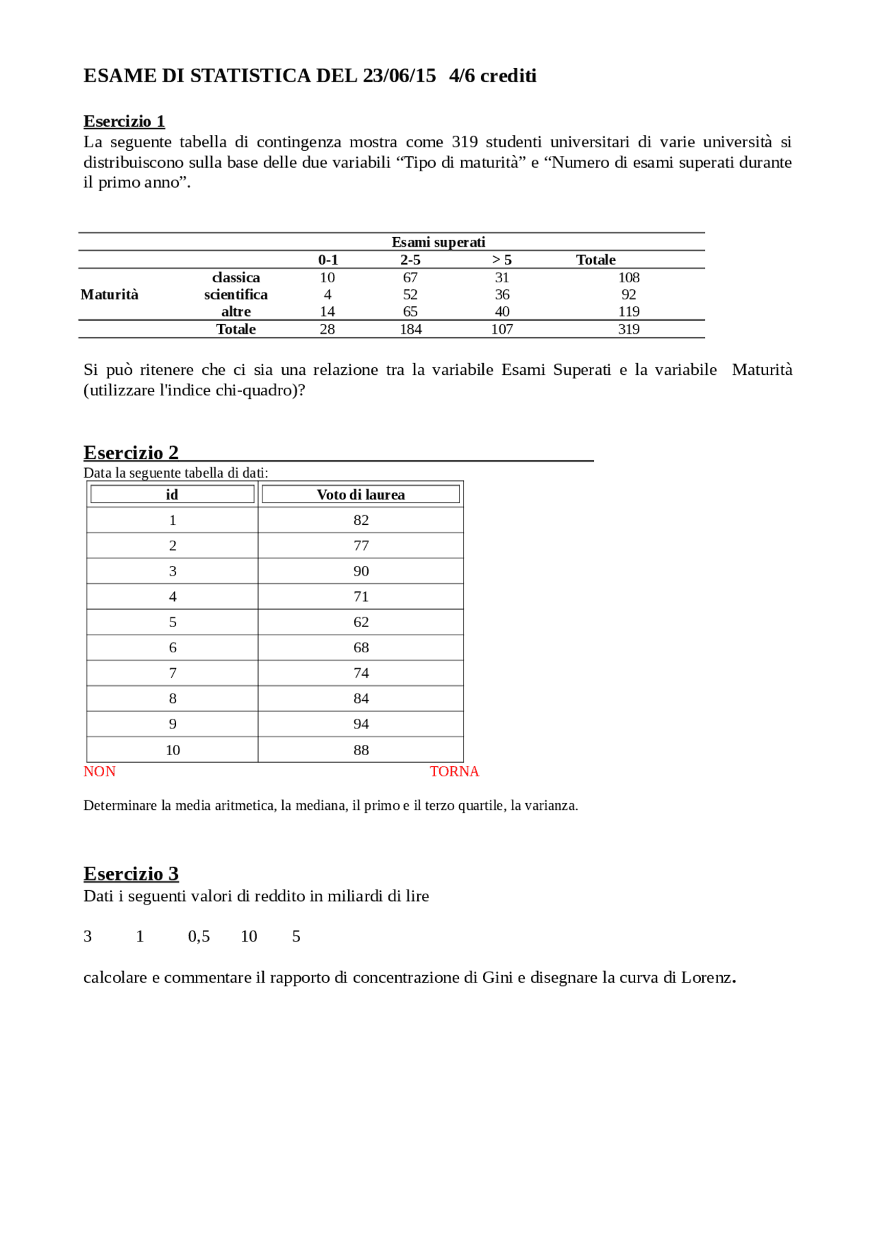 Esercitazione Per Esame Di Statistica Docsity