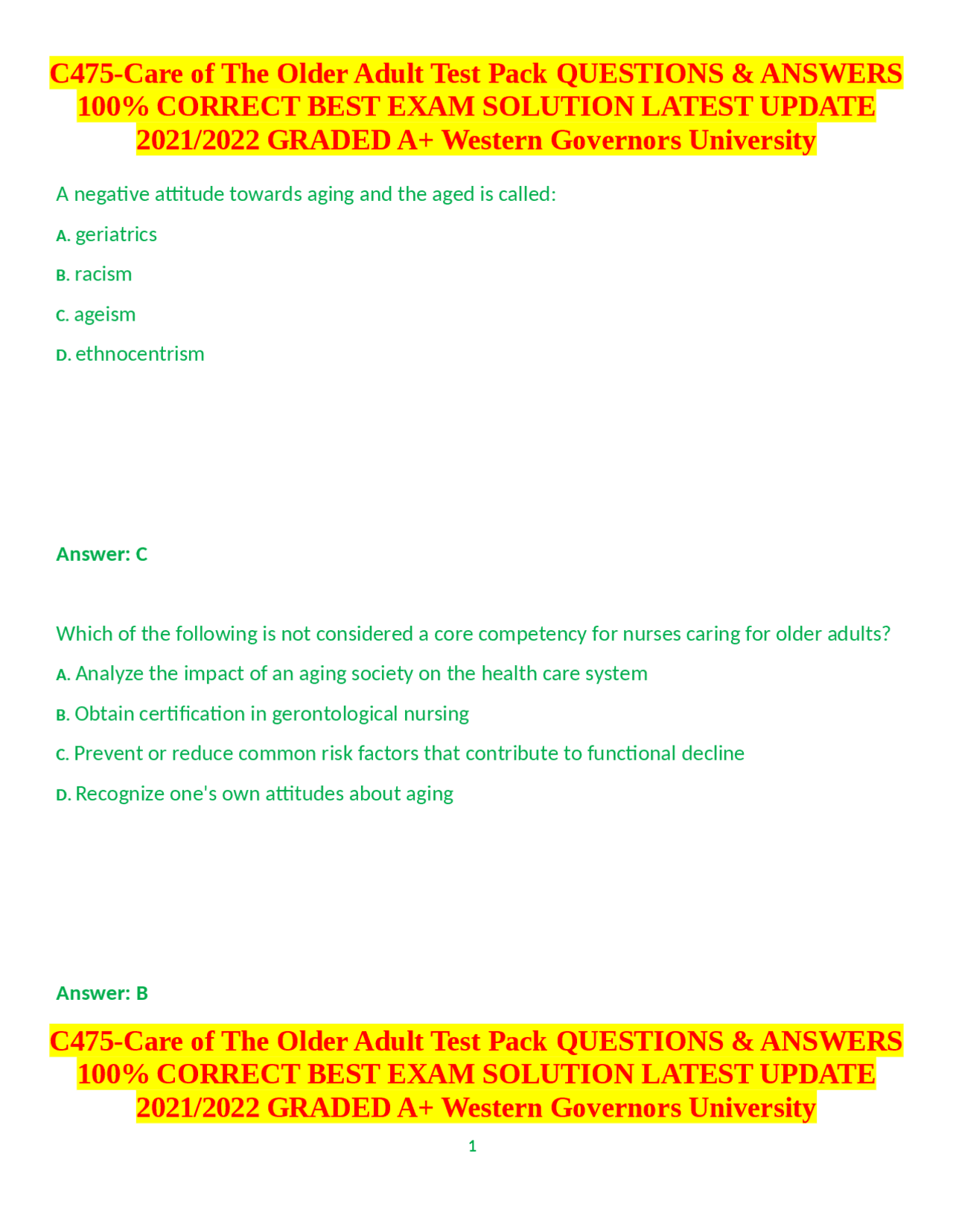 C475-Care of The Older Adult Test Pack QUESTIONS & ANSWERS 100% CORRECT ...