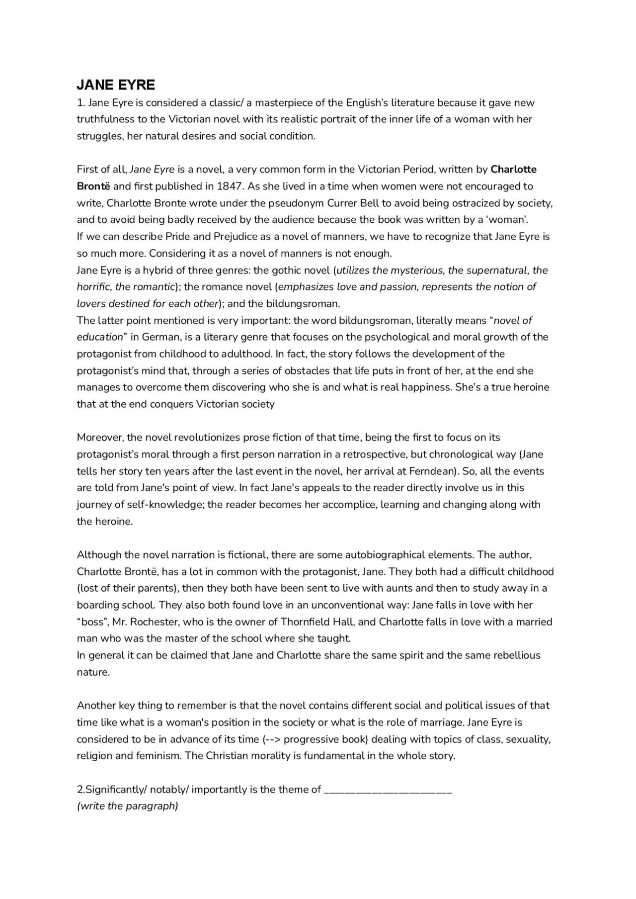 JANE EYRE -write an essay - Docsity