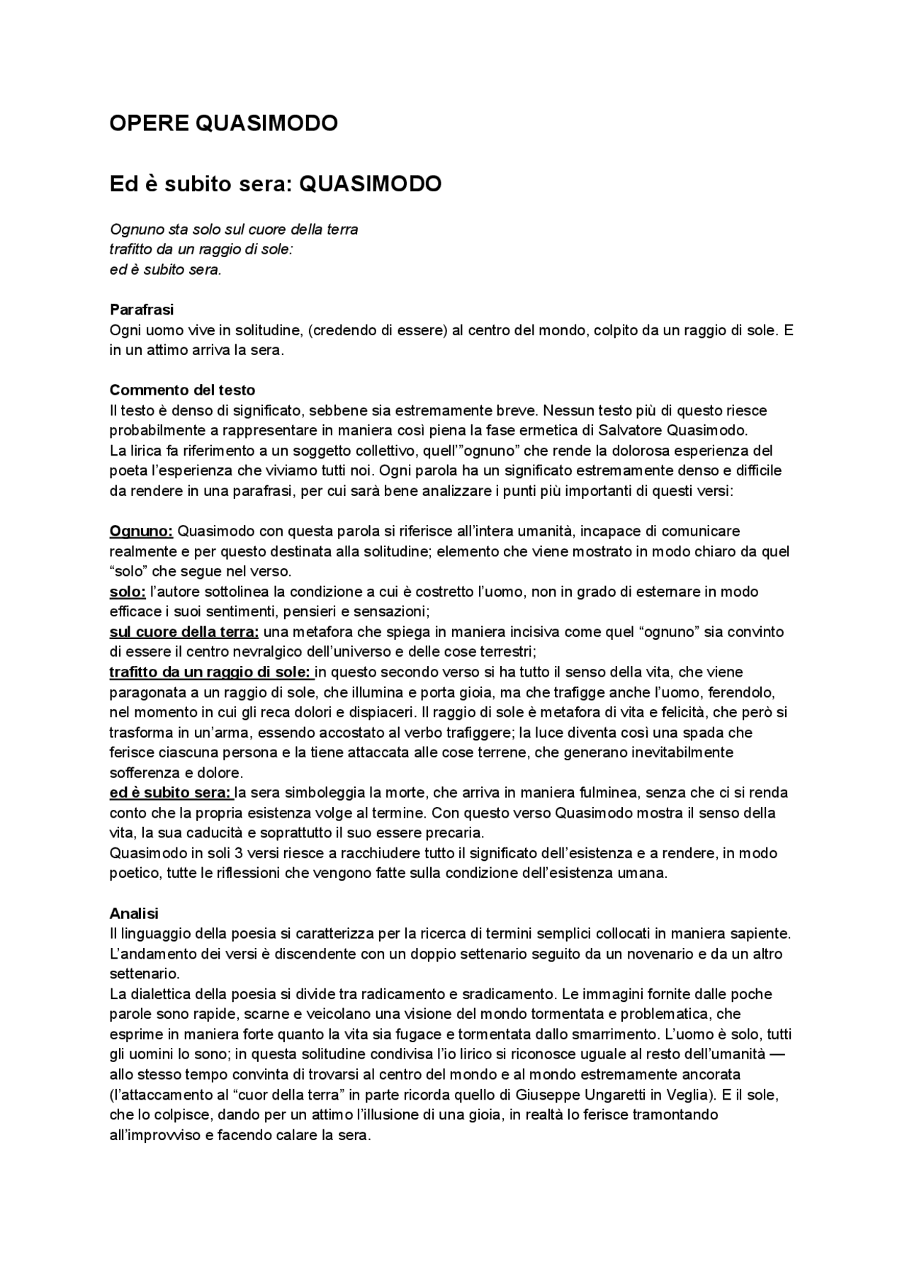 Opere Principali Di Quasimodo Docsity