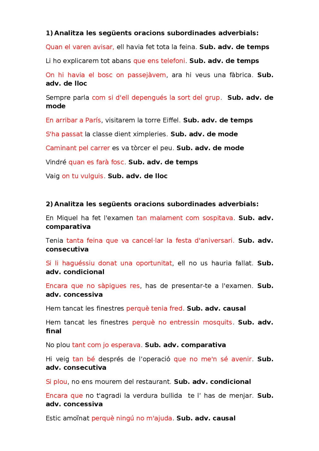 Oracions Subordinades Adverbials Ejercicios De Catalán Docsity