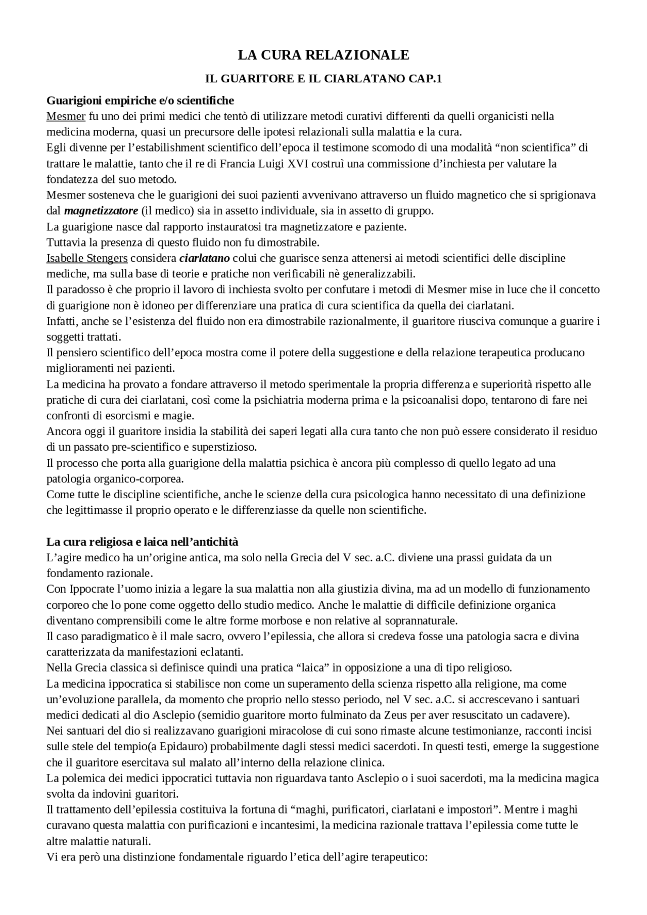 Riassunto Completo Libro La Cura Relazionale Docsity