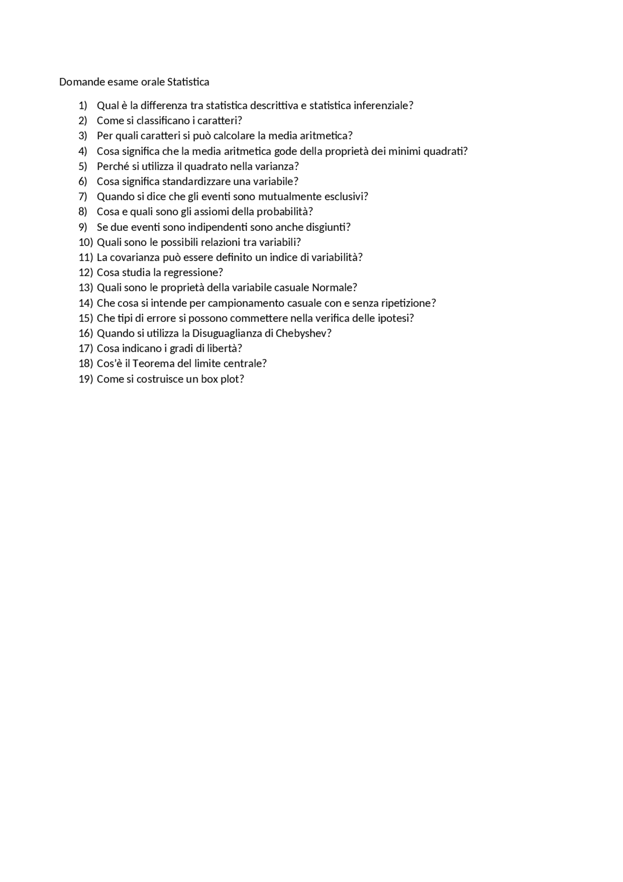 Domande Esame Orale Statistica Docsity