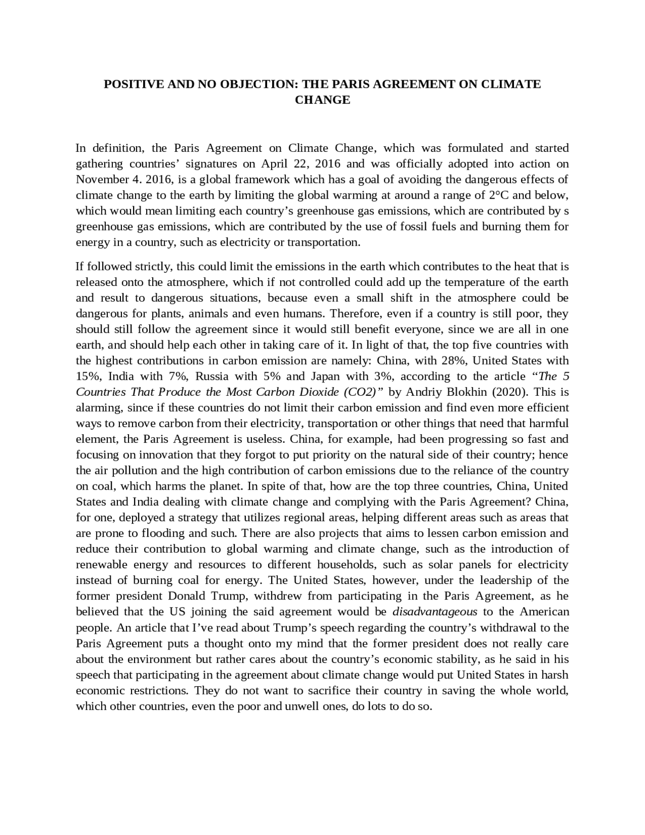 Essay on Paris Agreement and Climate Change | Essays (university ...