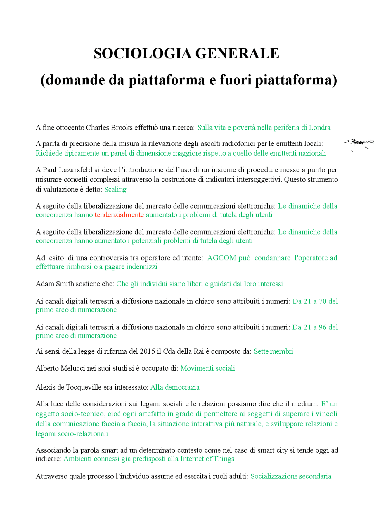 Test Sociologia Generale 10 Cfu Fuori Piattaforma Docsity