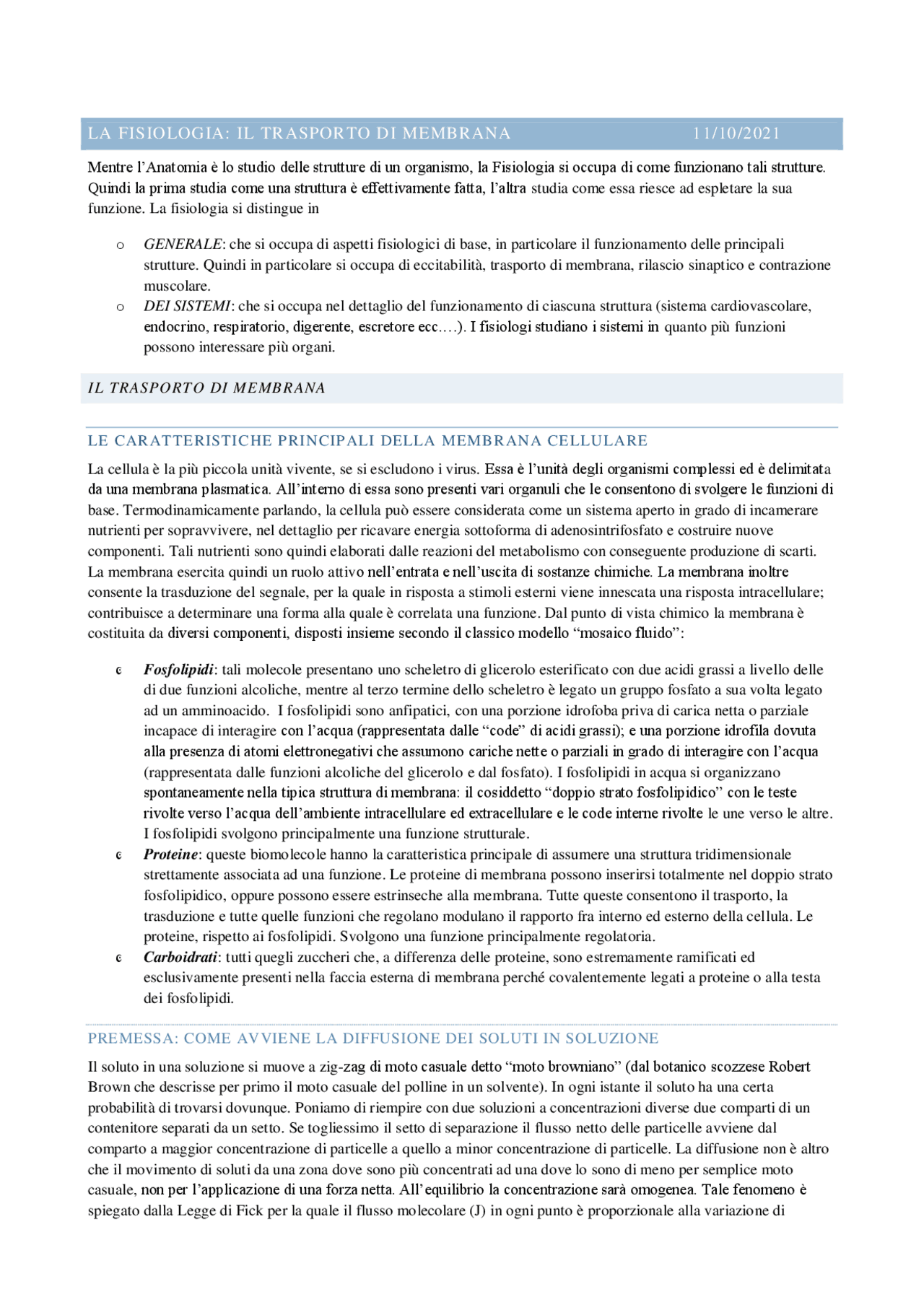 Appunti Di Principi Di Fisiologia Per Biotecnologie Docsity