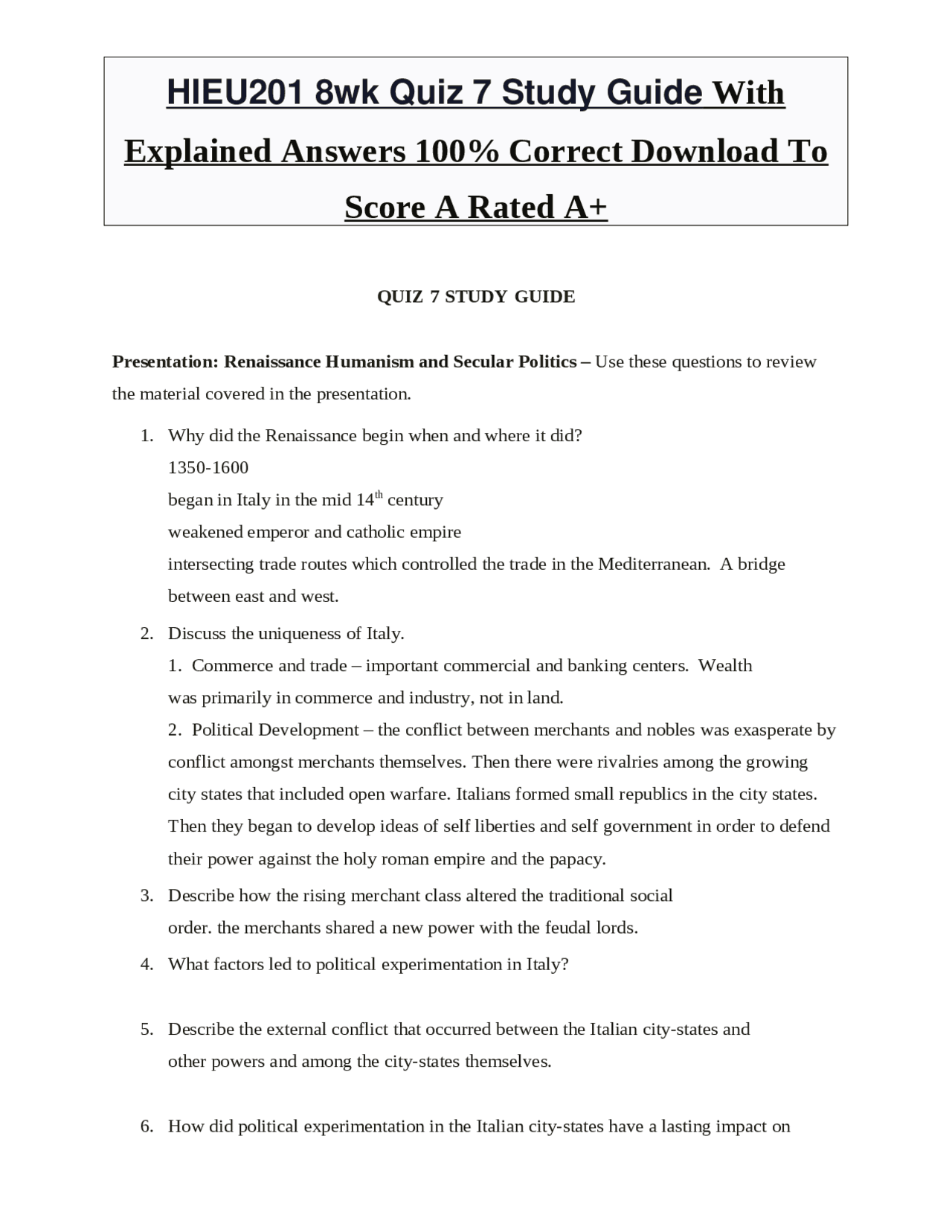HIEU201 8wk Quiz 7 Study Guide With Explained Answers 100% Correct ...