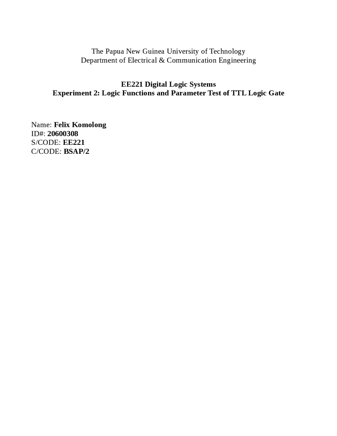 Experiment 2: Logic Functions and Parameter Test of TTL Logic Gate ...