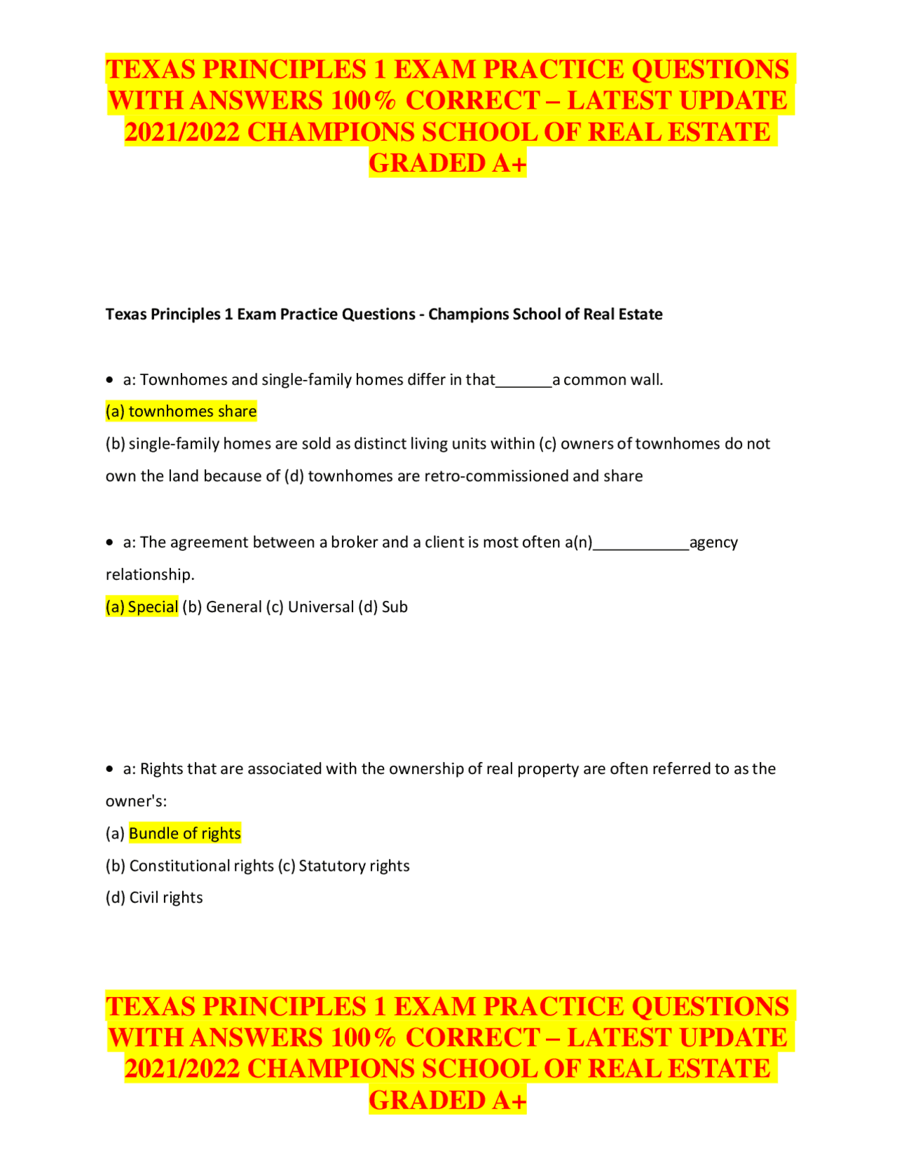 TEXAS PRINCIPLES 1 EXAM PRACTICE QUESTIONS WITH ANSWERS 100% CORRECT ...