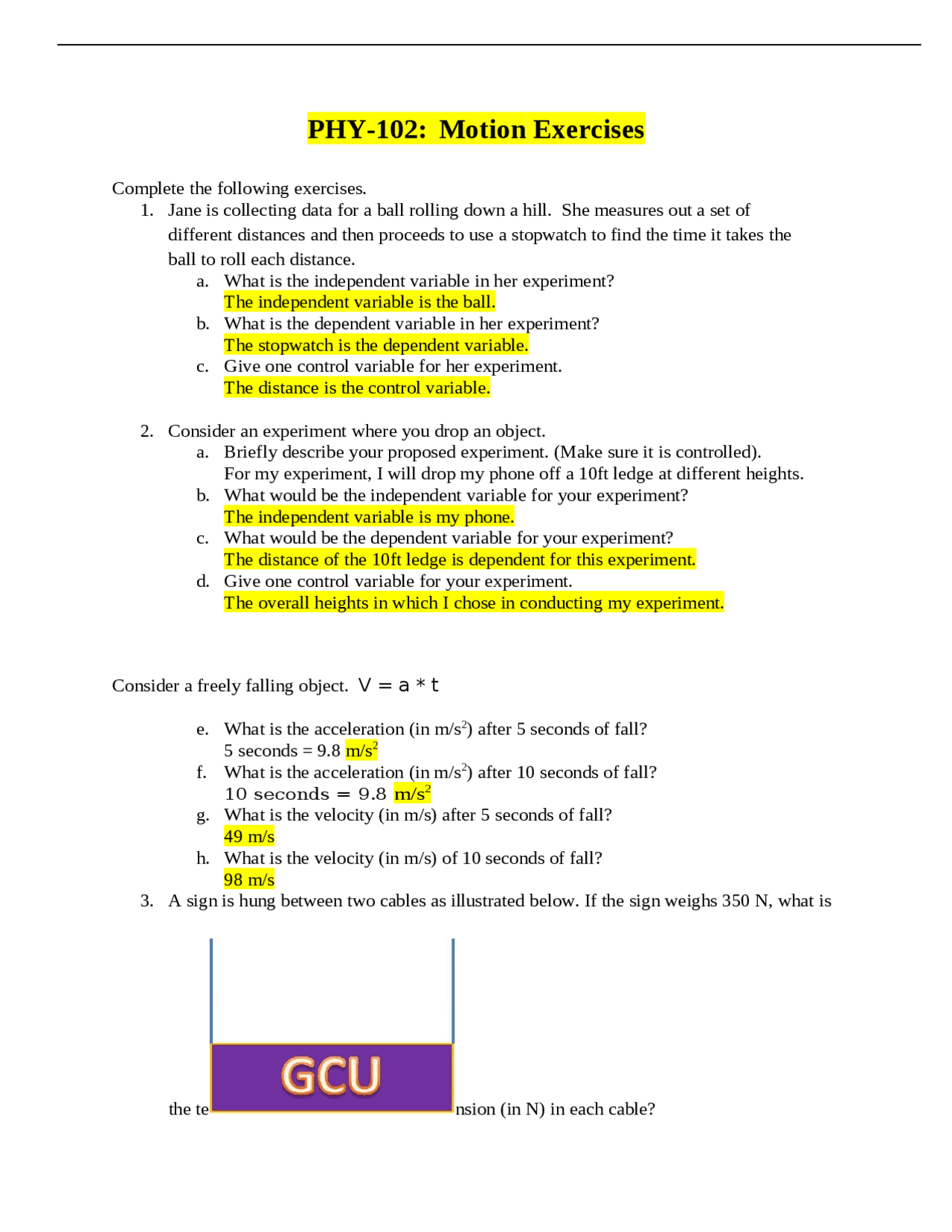 PHY-102:Motion Exercises Complete Questions with Answers | Exams ...