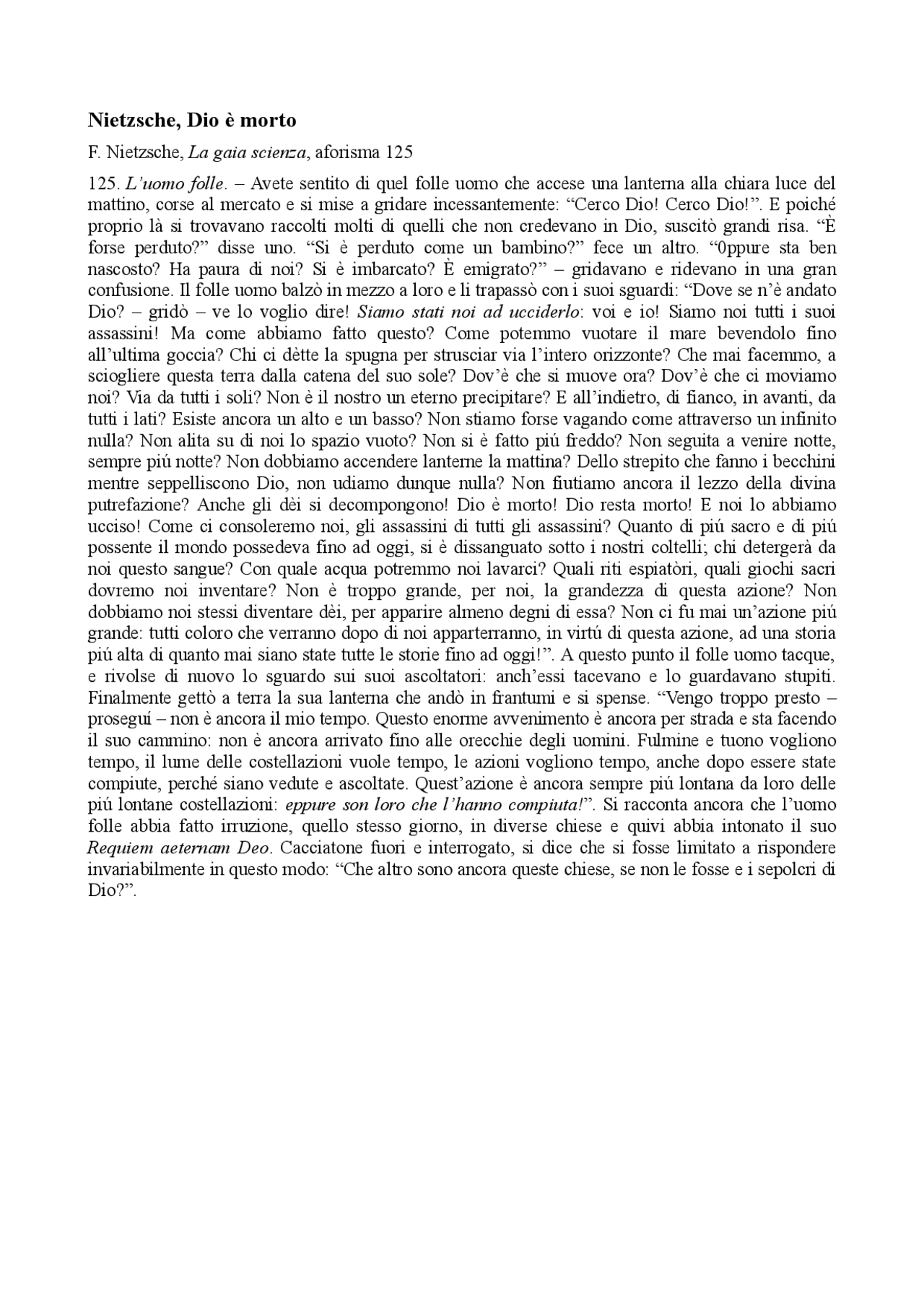 F. Nietzsche, La gaia scienza, aforisma 125 - Docsity