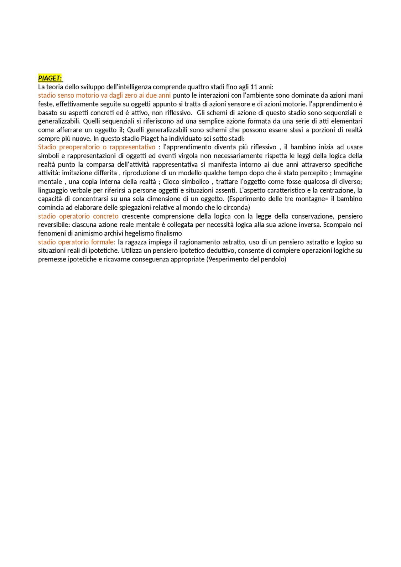 Gli Stadi Di Piaget Psicologia Docsity