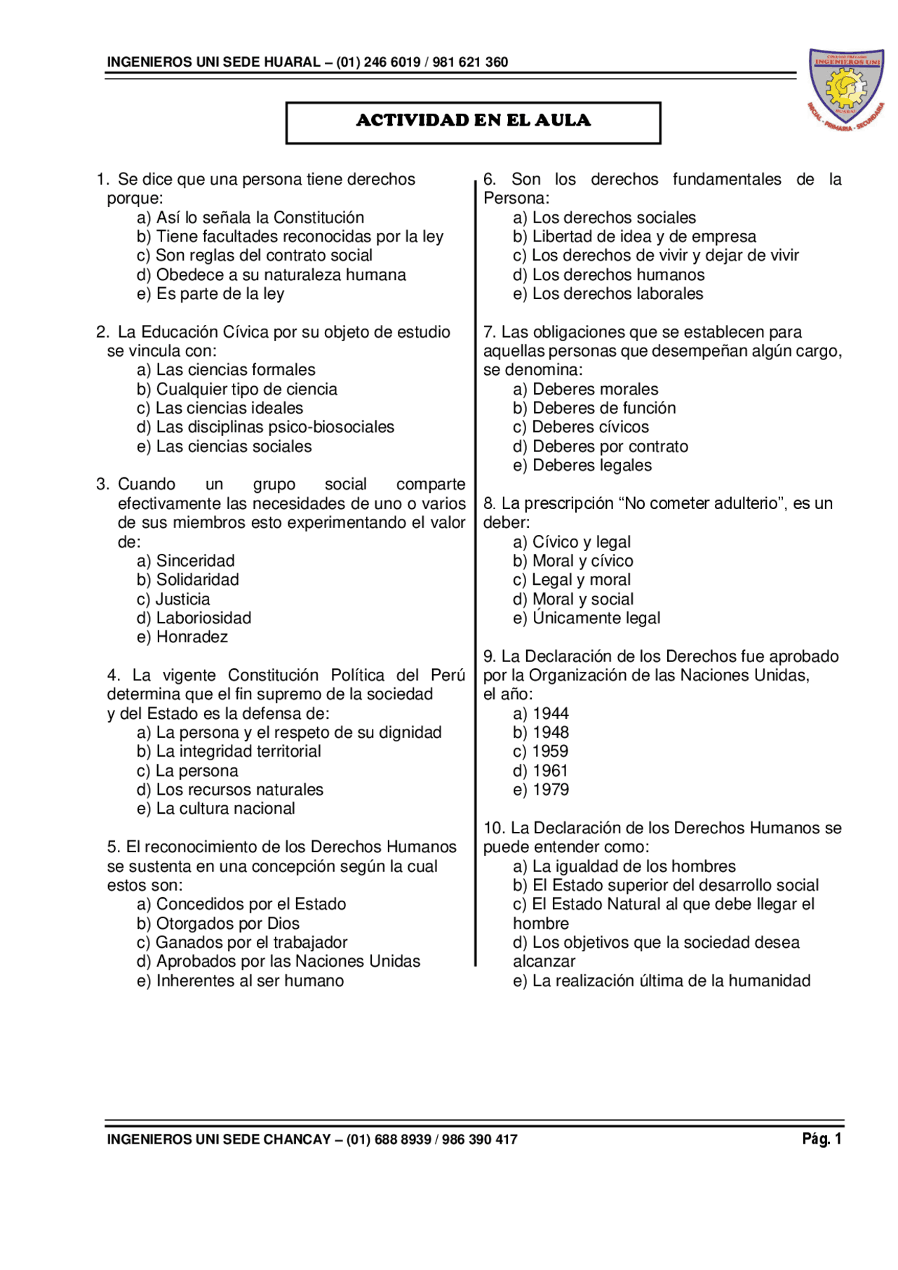 Ejercicios sobre los derechos Humanos - Docsity