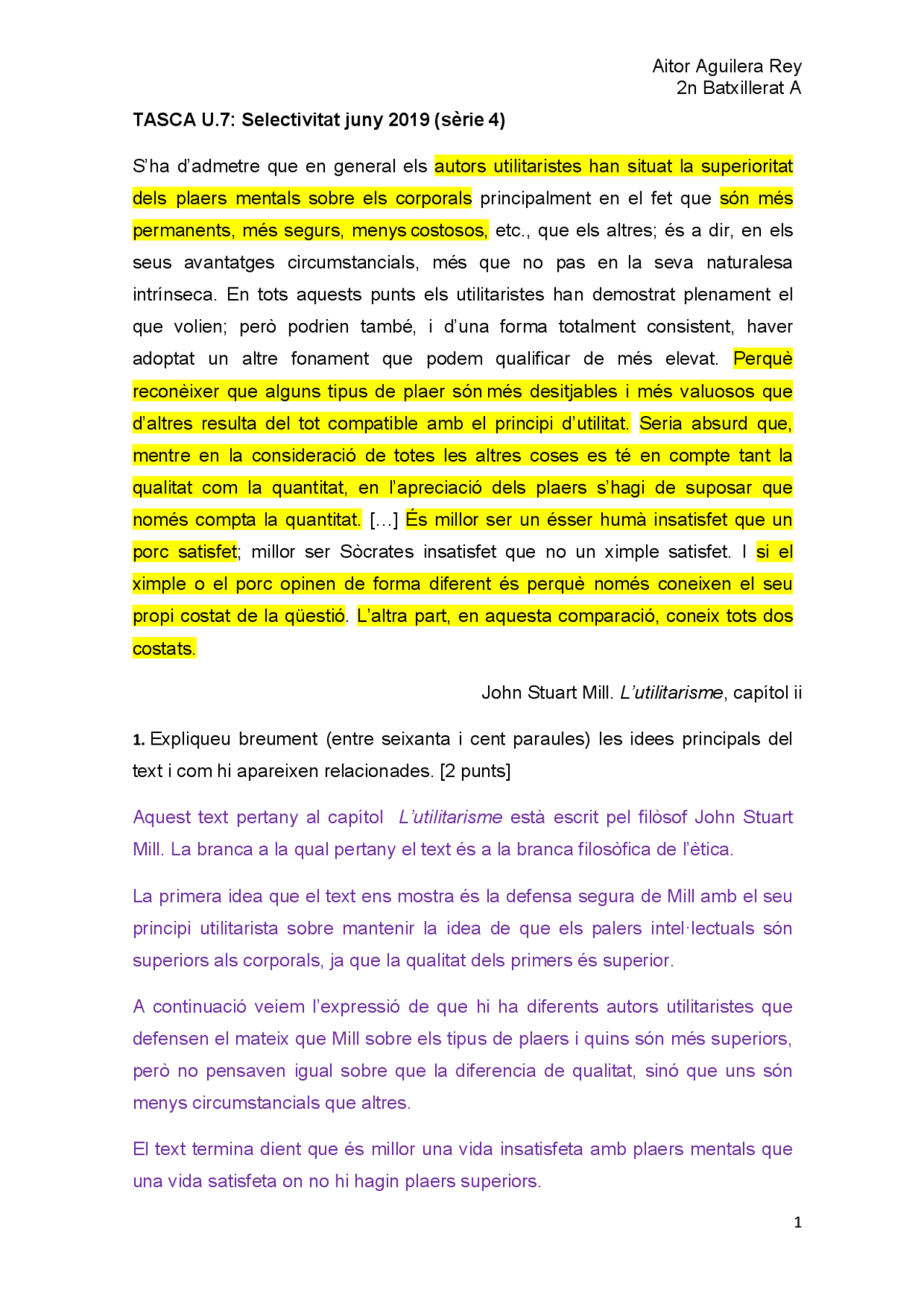 TASCA UNITAT 7 SELECTIVITAT DE STUART MILL - Docsity