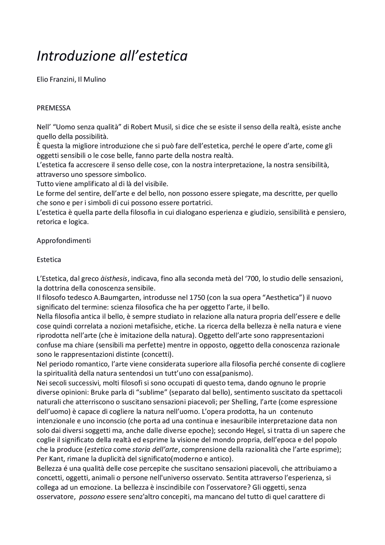 Introduzione Allestetica Franzini Docsity