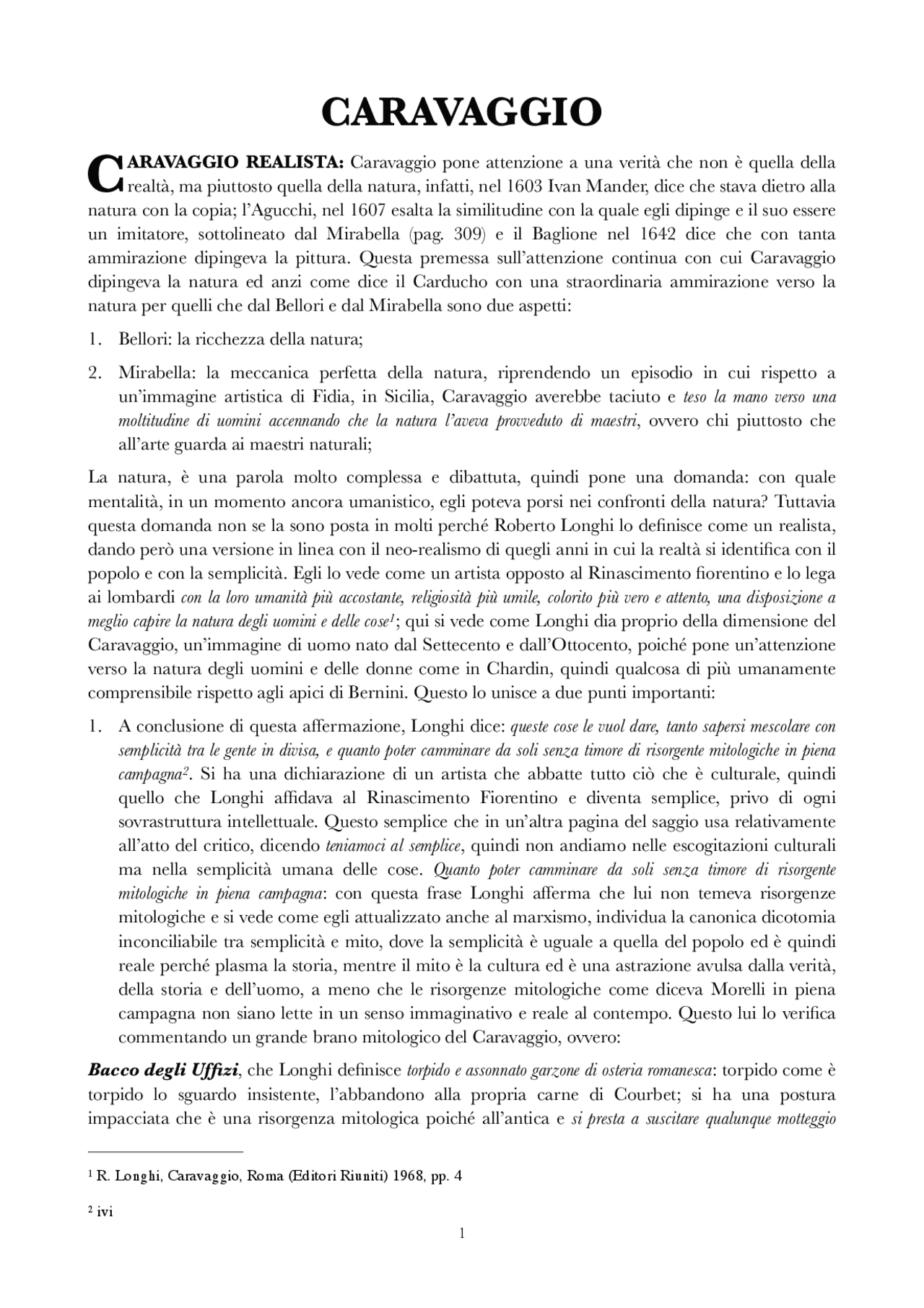 Corso monografico su Caravaggio - Docsity