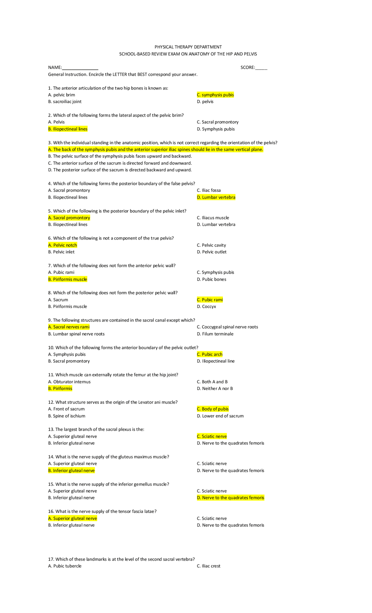 ANATOMY OF THE LOWER EXTREMITY EXAM | Exams Anatomy | Docsity