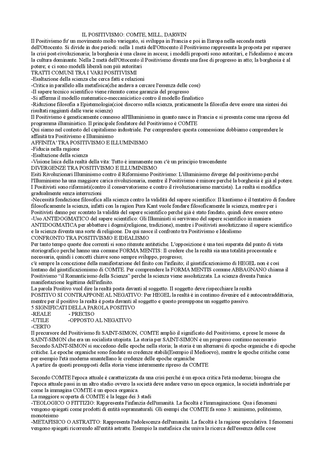 Il Positivismo Comte Mill Darwin Docsity