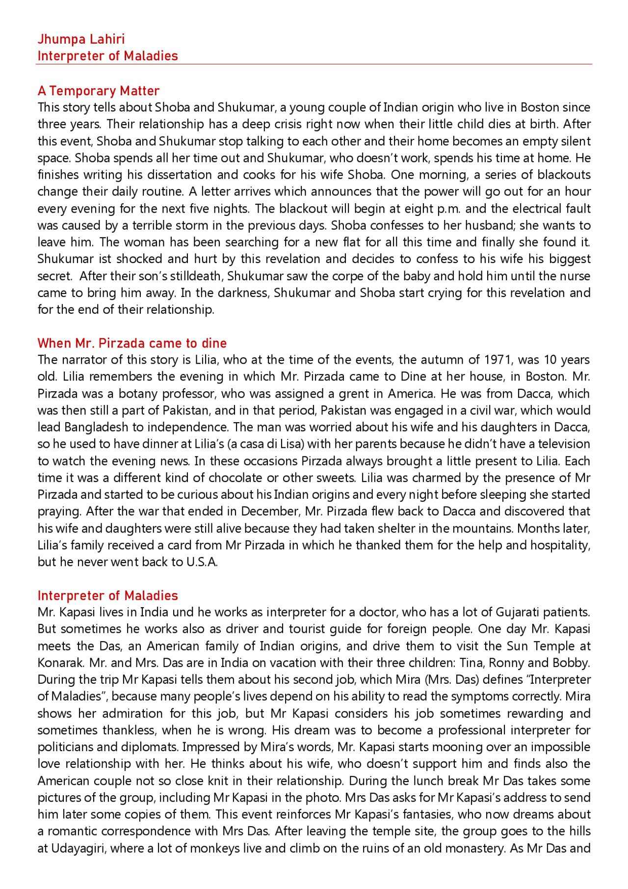 Interpreter of Maladies -Jhumpa Lahiri- - Docsity