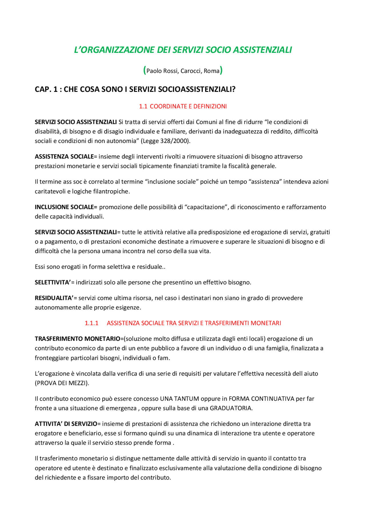 Lorganizzazione Dei Servizi Socio Assistenziali Rossi Docsity
