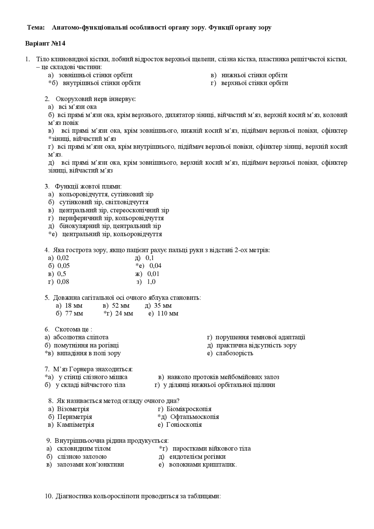 Тести з офтальмології Упражнения и задачи Офтальмология Docsity