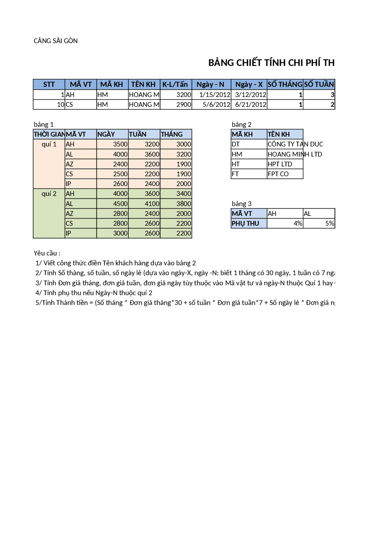 Giải BT excel buổi 1 | Exercises MS Microsoft Excel skills | Docsity