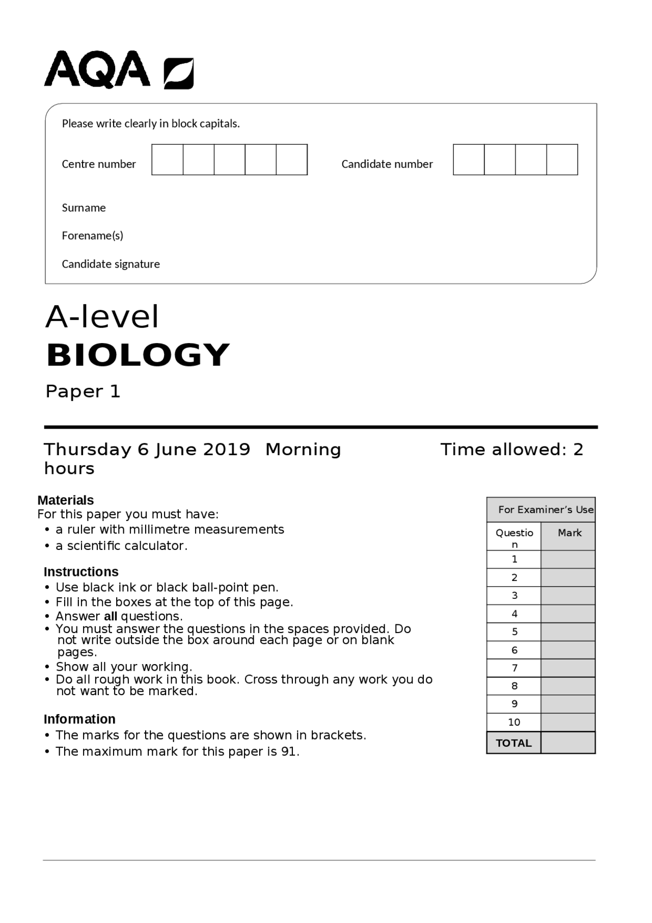 AQA as biology 2019 paper 1 - Docsity