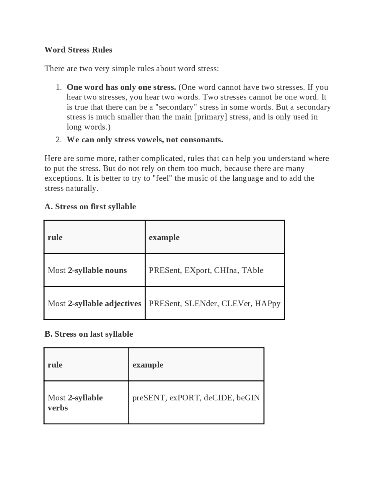 Word Stress Rules For Learning English | Exercises English | Docsity