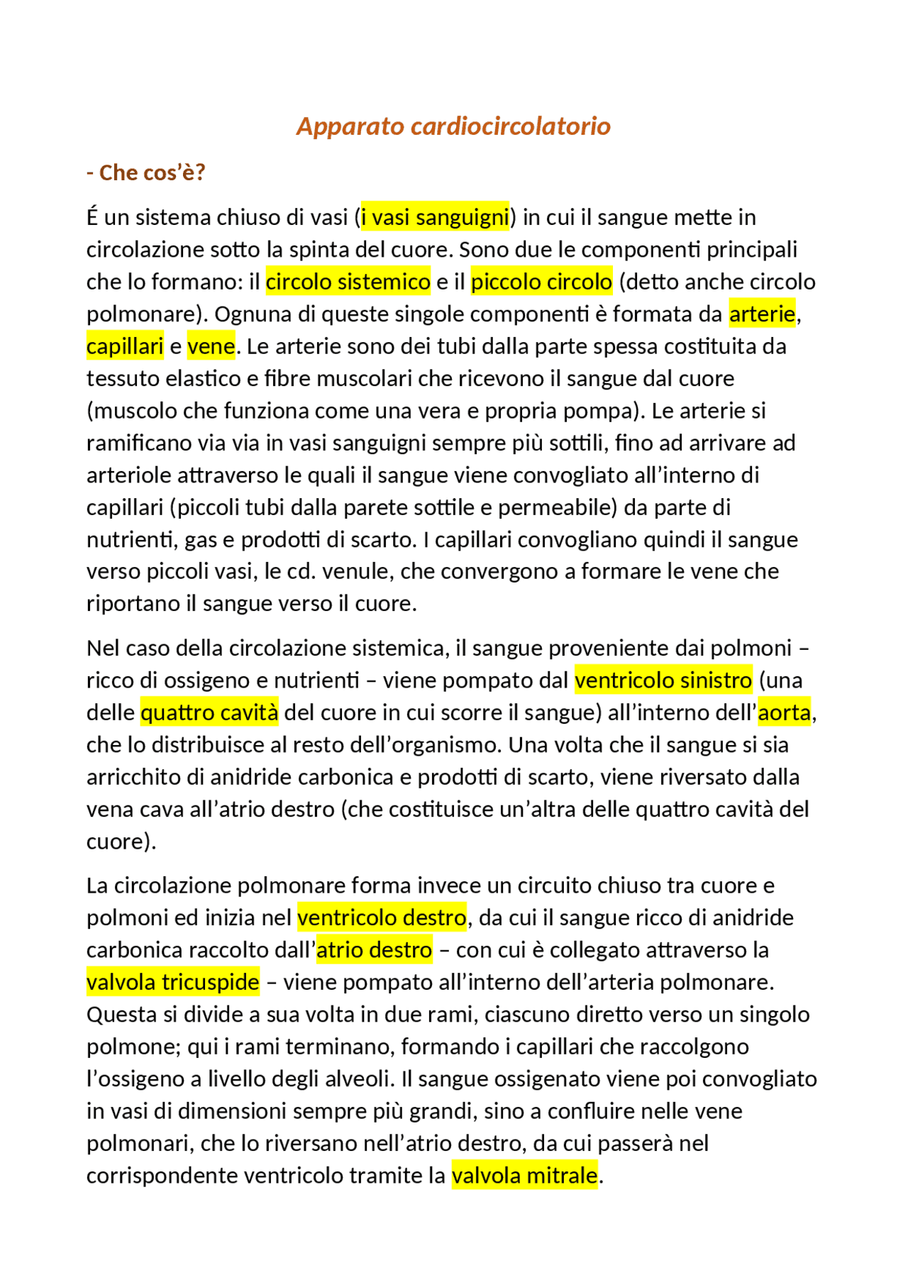 Apparato Cardio Circolatorio Docsity