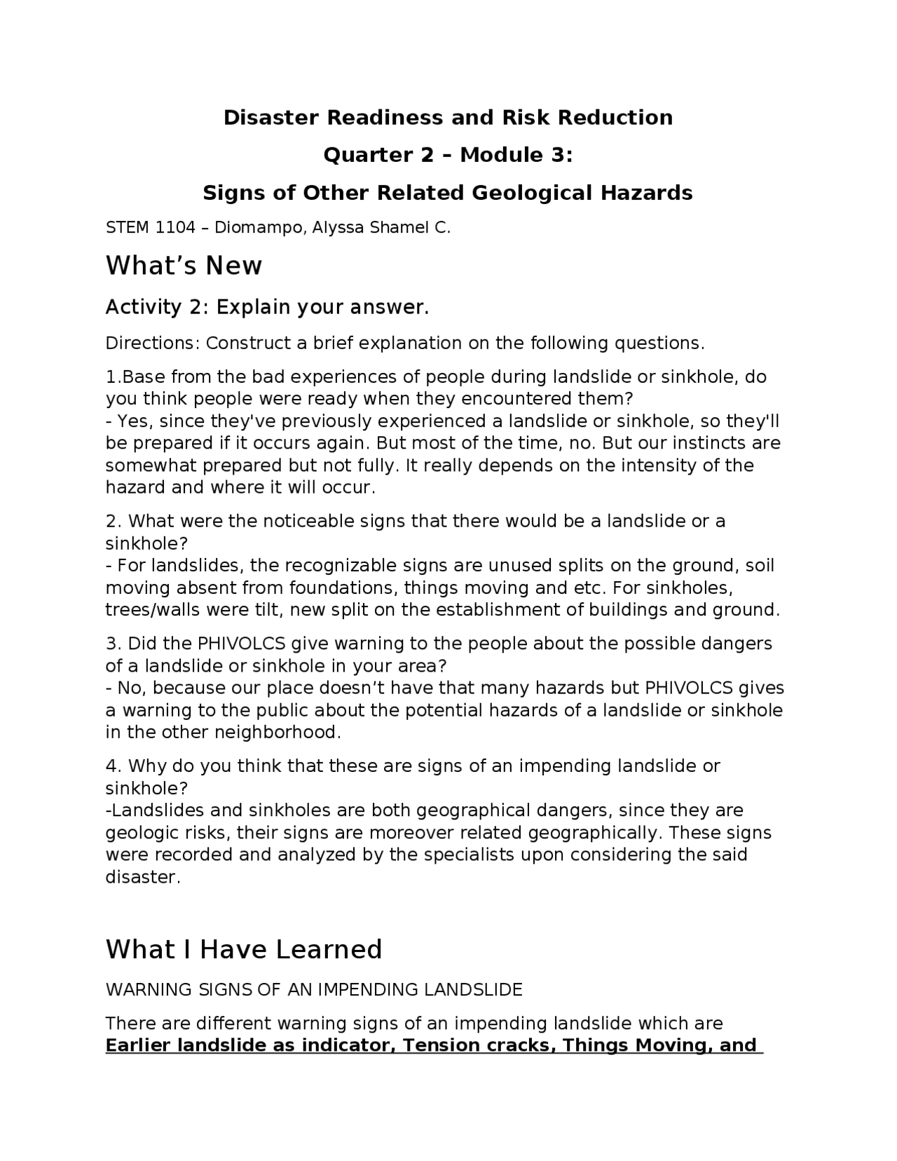 Disaster Readiness and Risk Reduction MODULE 3 | Exercises Earth ...