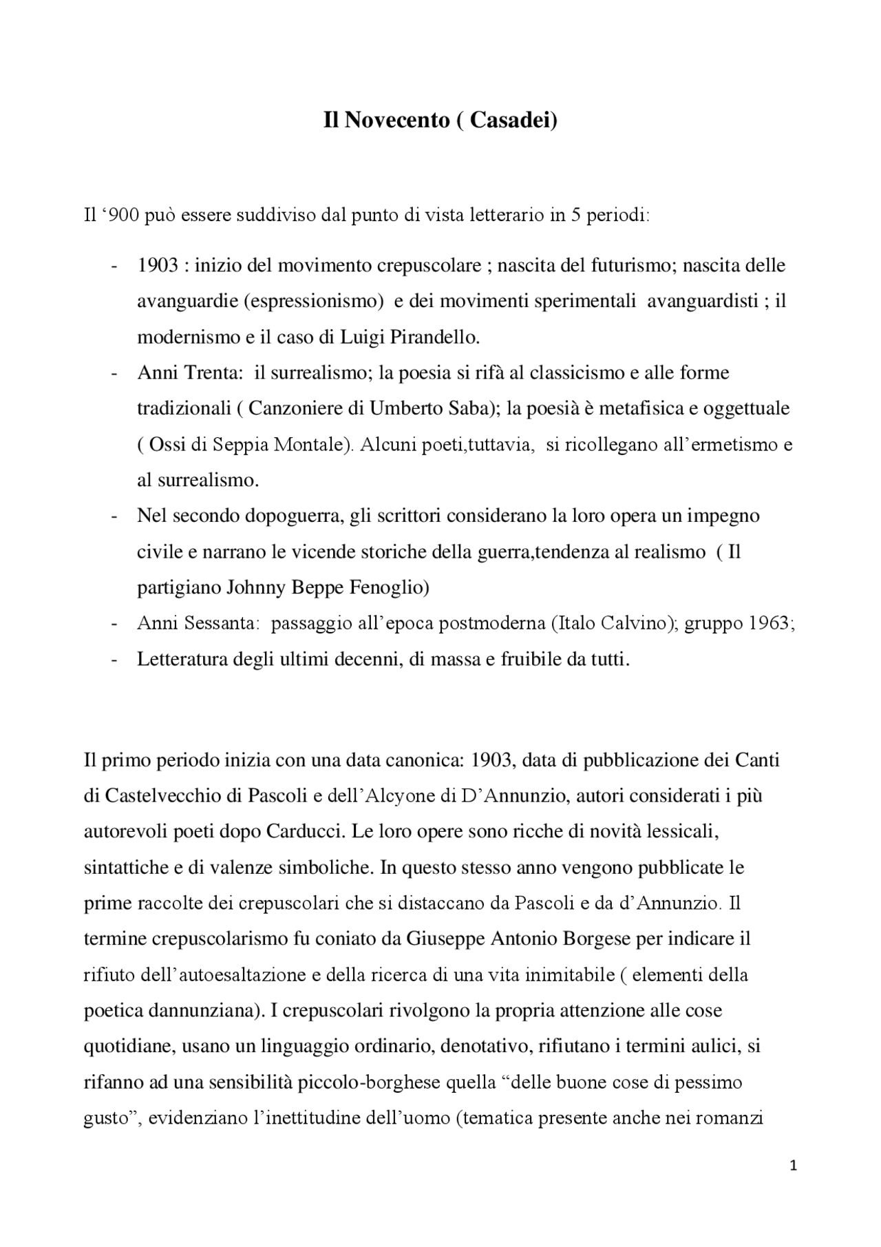 Il Novecento Alberto Casadei Docsity