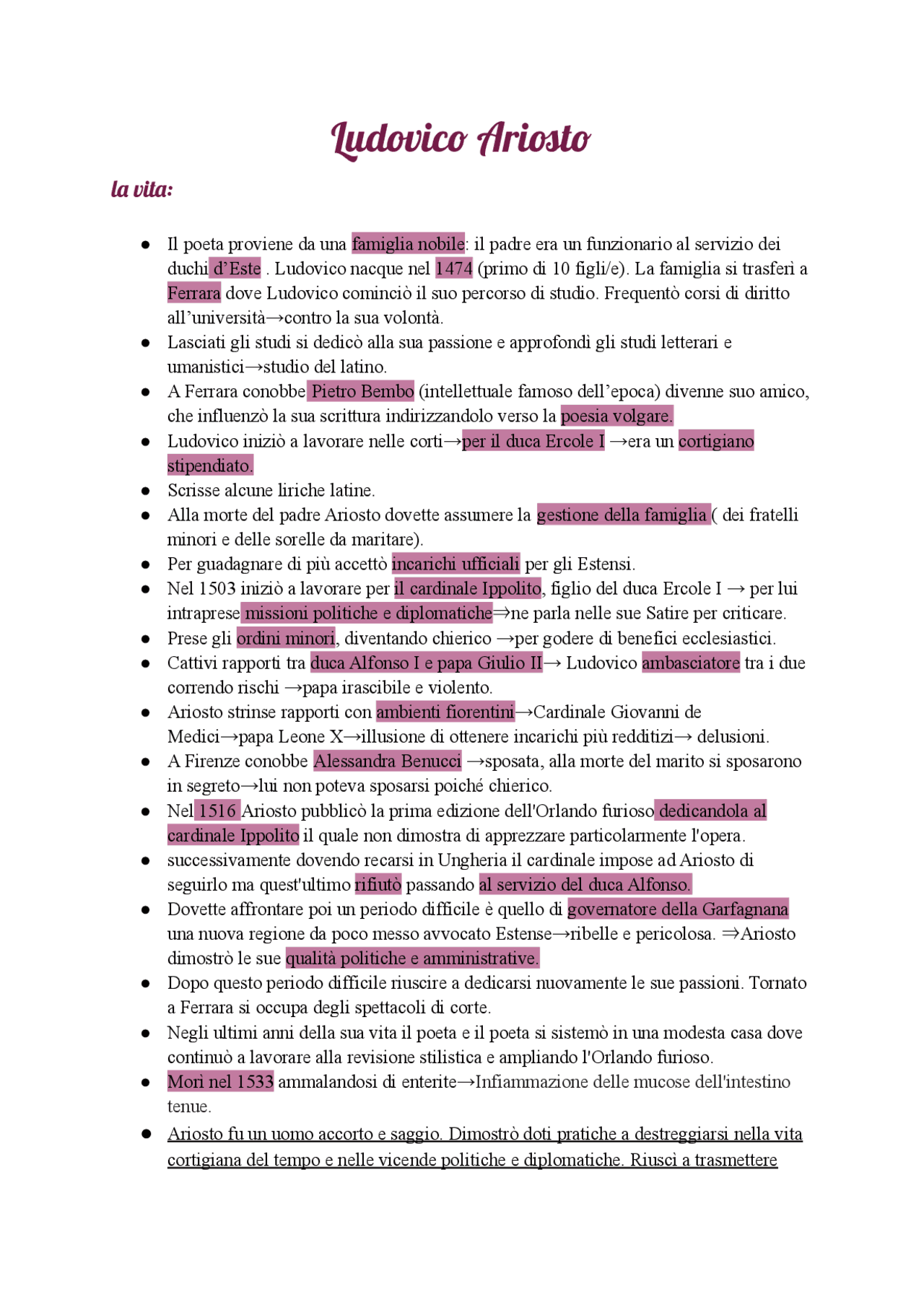 Ariosto e la letteratura del tempo - Docsity