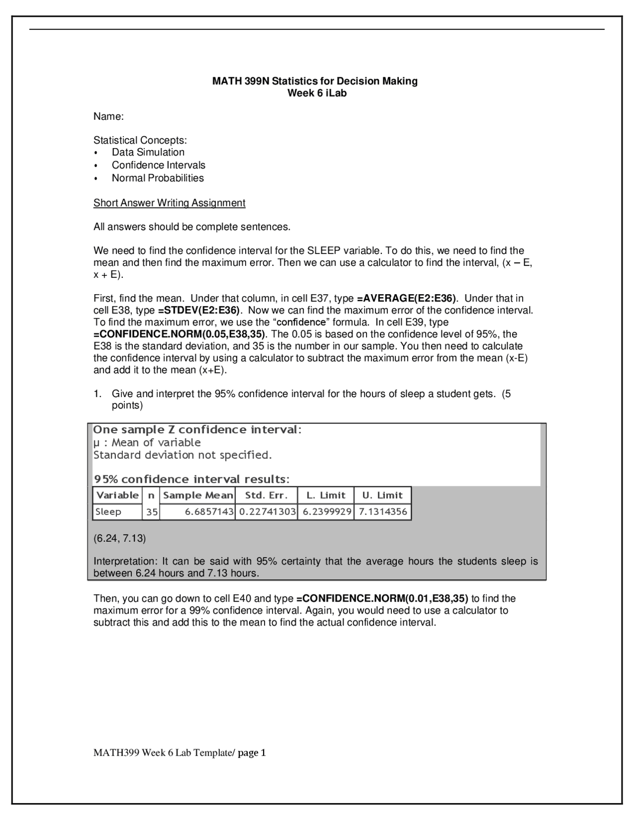 MATH 399N Statistics for Decision Making Week 6 iLab / MATH399N Statistics for Decision Ma - Docsity