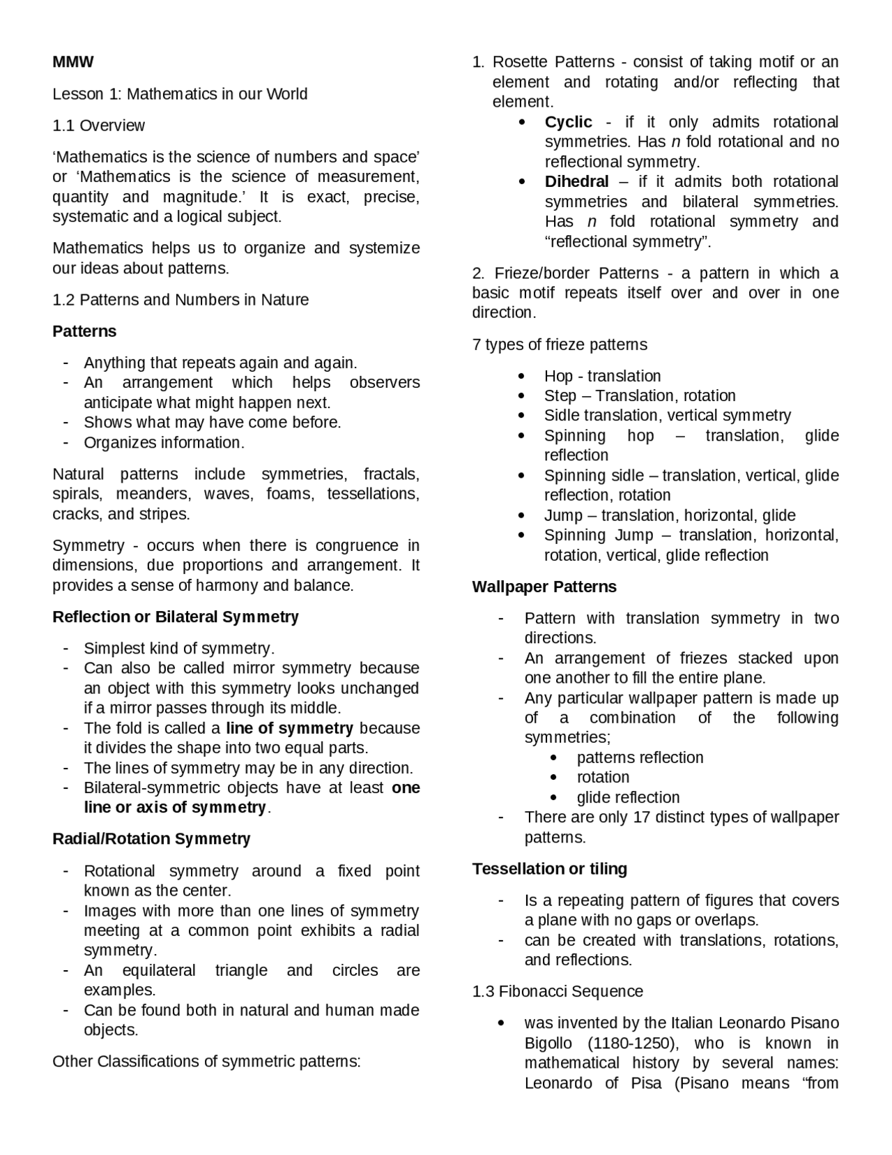 Math in the Modern World Lesson 1 | Summaries Mathematical logic | Docsity