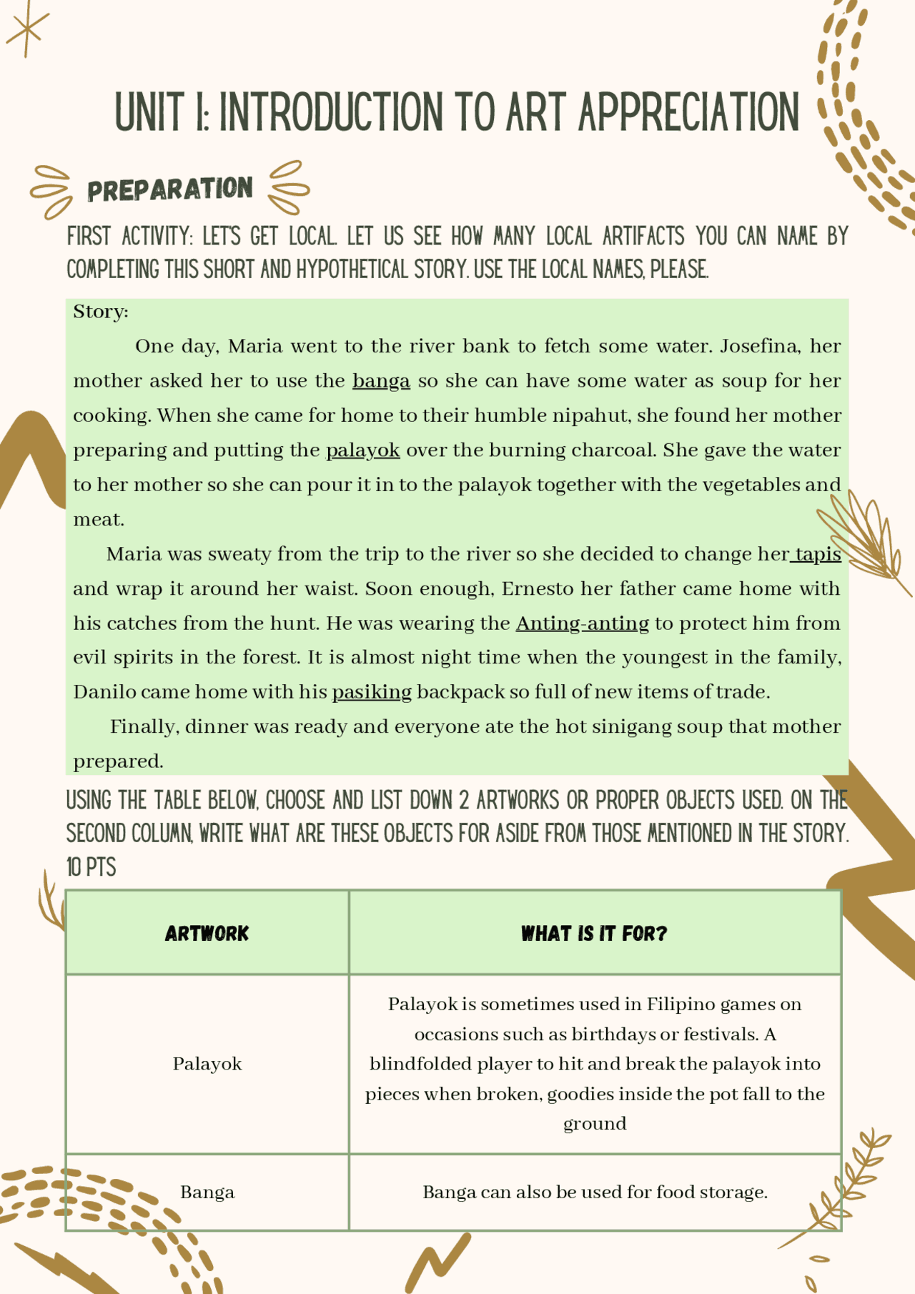 Unit I: INTRODUCTION TO ART APPRECIATION | Exercises Art - Docsity