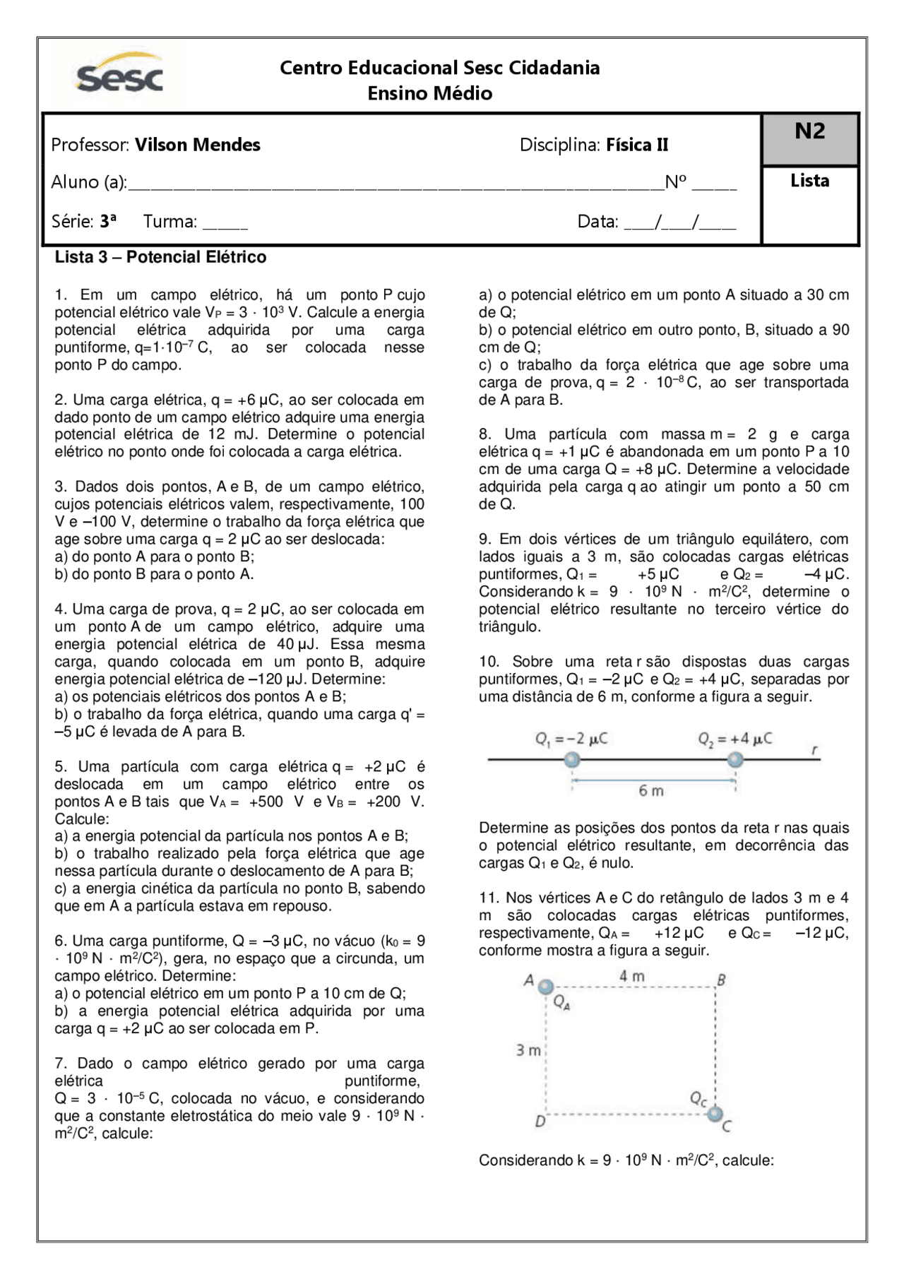 Fisica Potencial Elétrico Exercícios Física Docsity