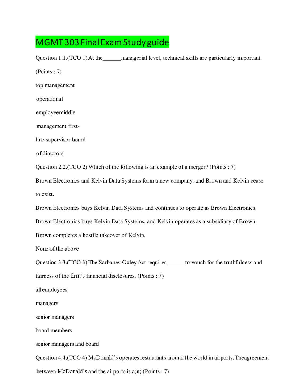 Mgmt 303 Final Exam 1 Question And Answers Docsity