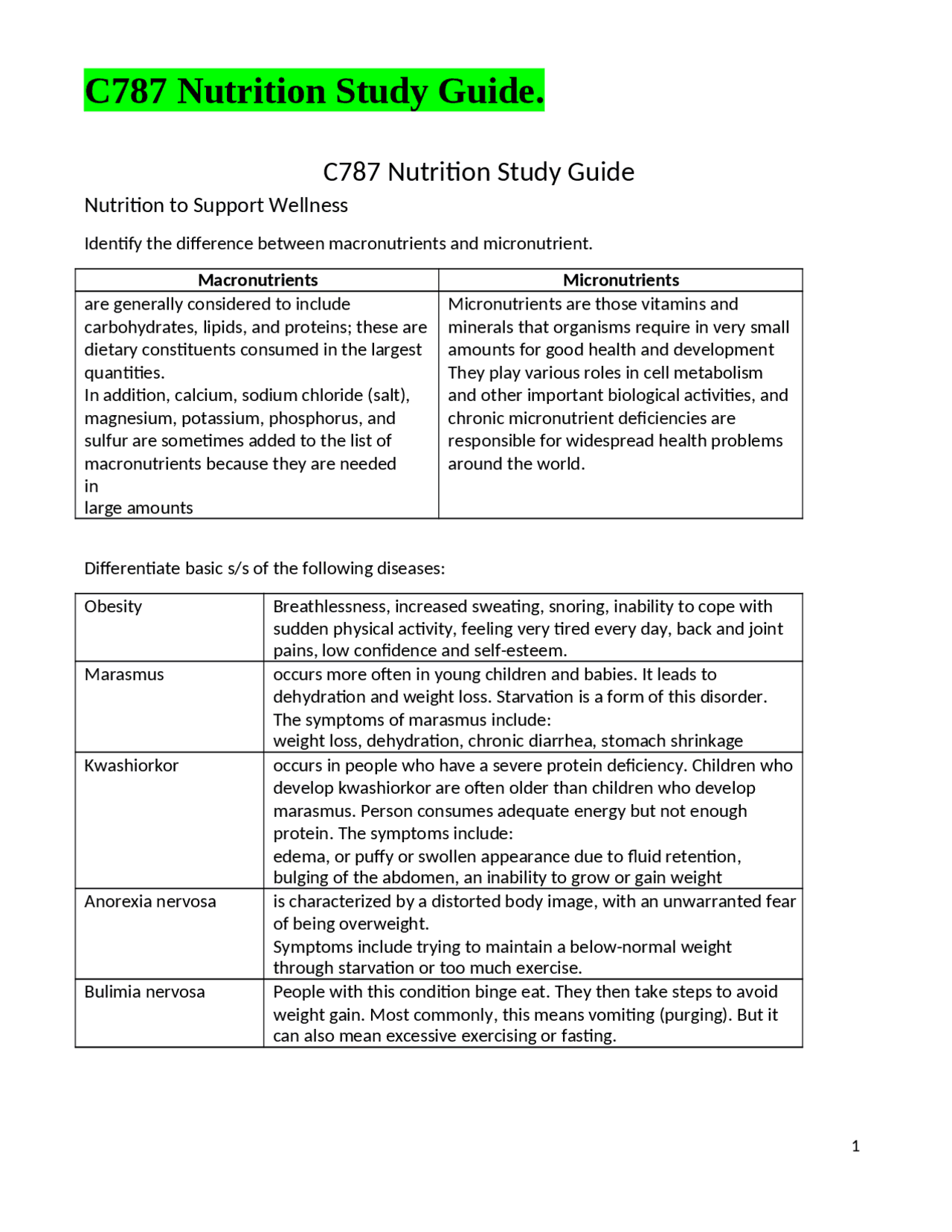 NURSING BSC787 Nutrition Study Guide[ 100% Correct] - Docsity