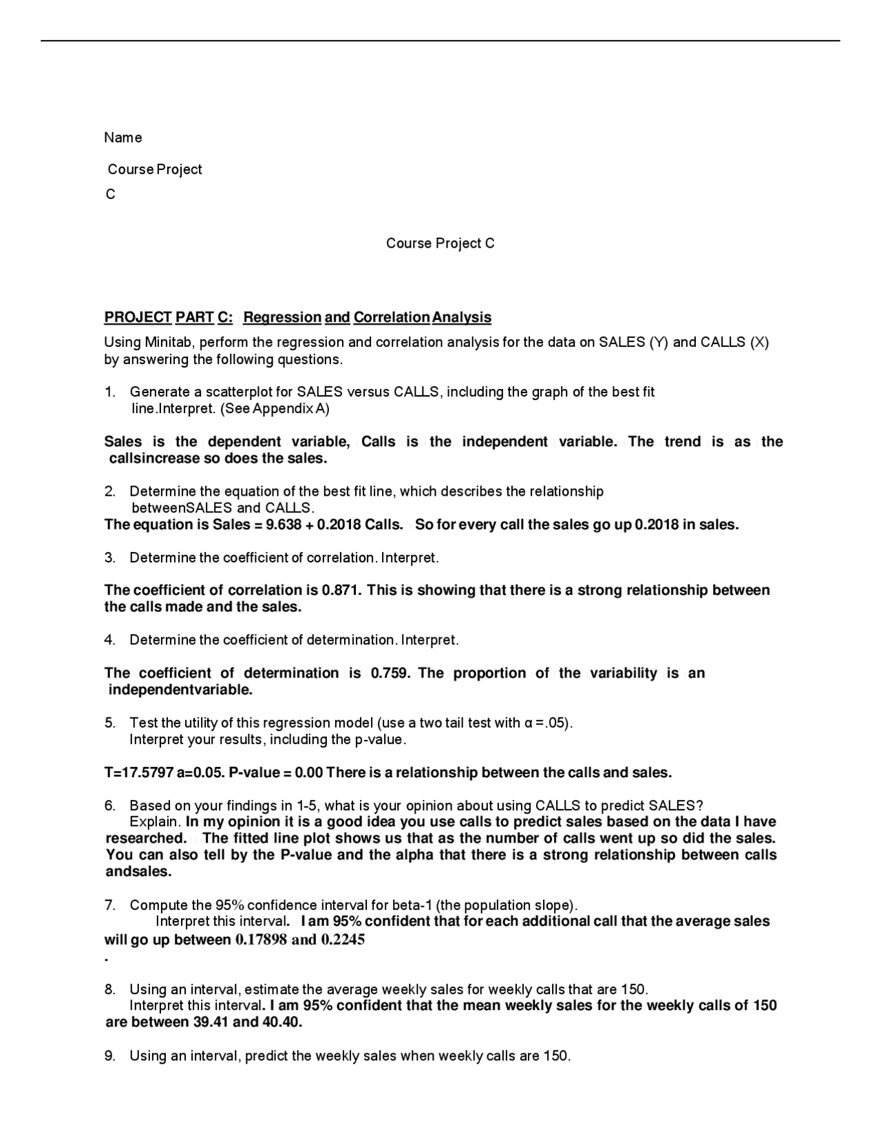 MATH 533 WEEK 7 COURSE PROJECT PART C, REGRESSION AND CORRELATION - Docsity