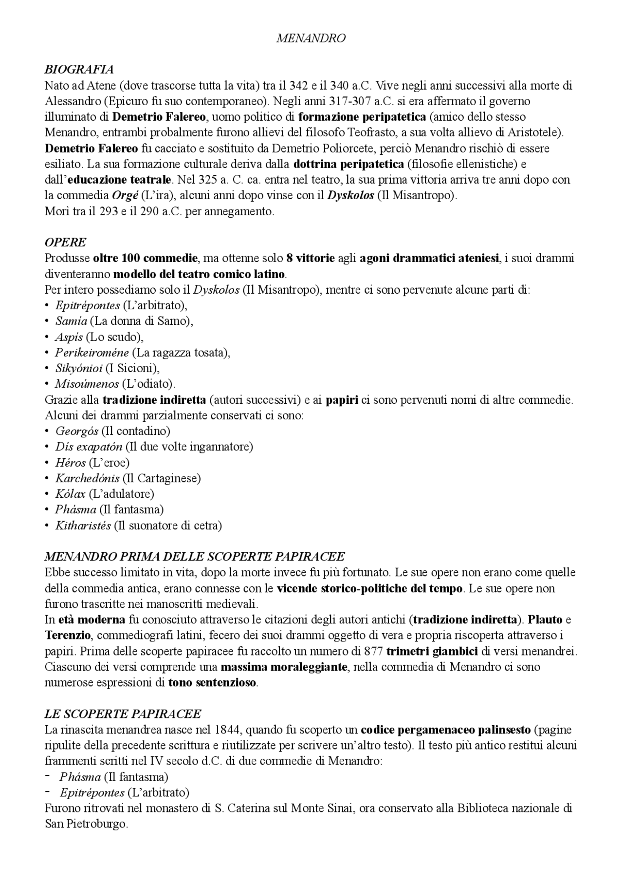 Sintesi Vita E Opere Menandro Appunti Di Greco Docsity