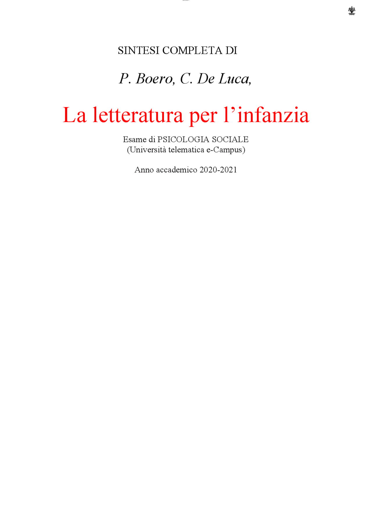 P Boero C De Luca La Letteratura Per Linfanzia Docsity