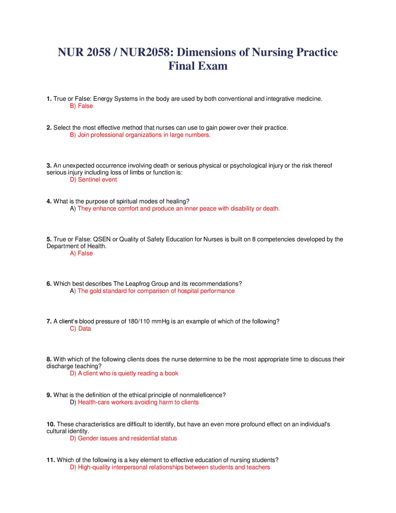NUR 2058 / NUR2058 Dimensions of Nursing Practice Final Exam Review | Q ...