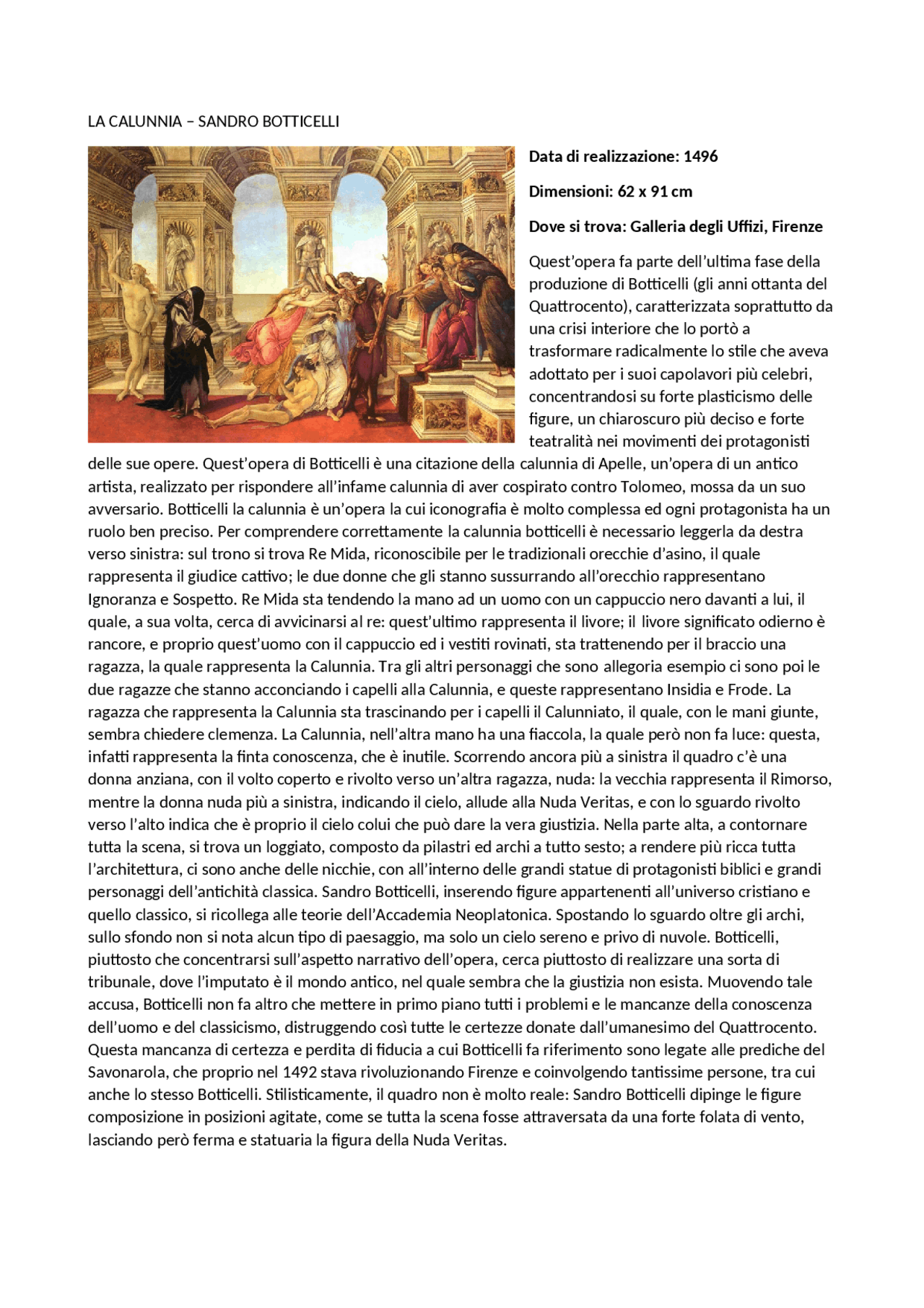 Analisi de "La calunnia" - Sandro Botticelli - Docsity