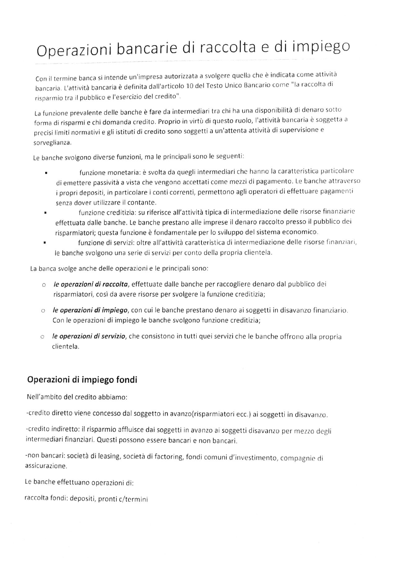 Operazioni Bancarie Di Raccolta E Di Impiego Docsity