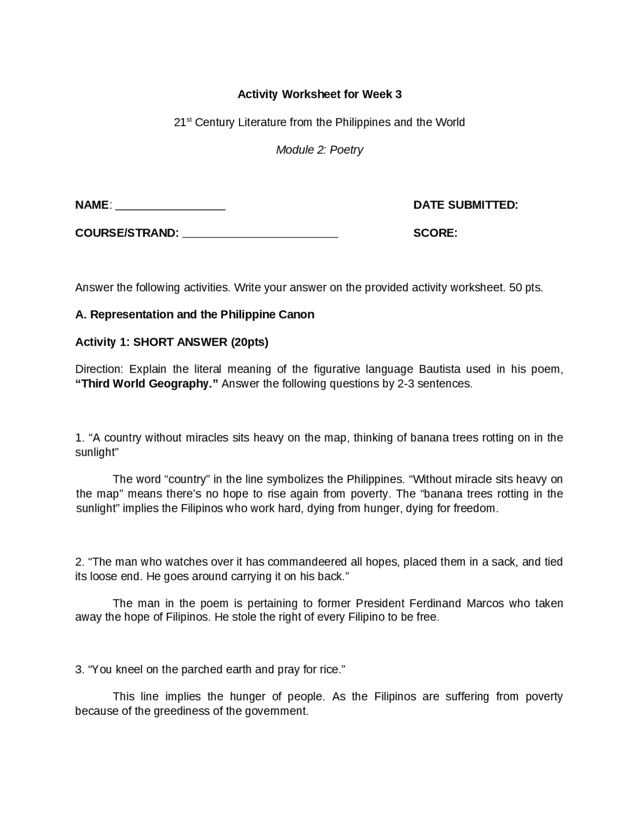 21st CLPW Activity Worksheet for Week 3. - Docsity