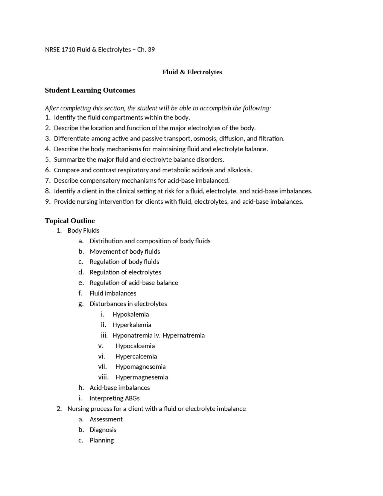 Lecture Notes On Fluids And Electrolytes Docsity