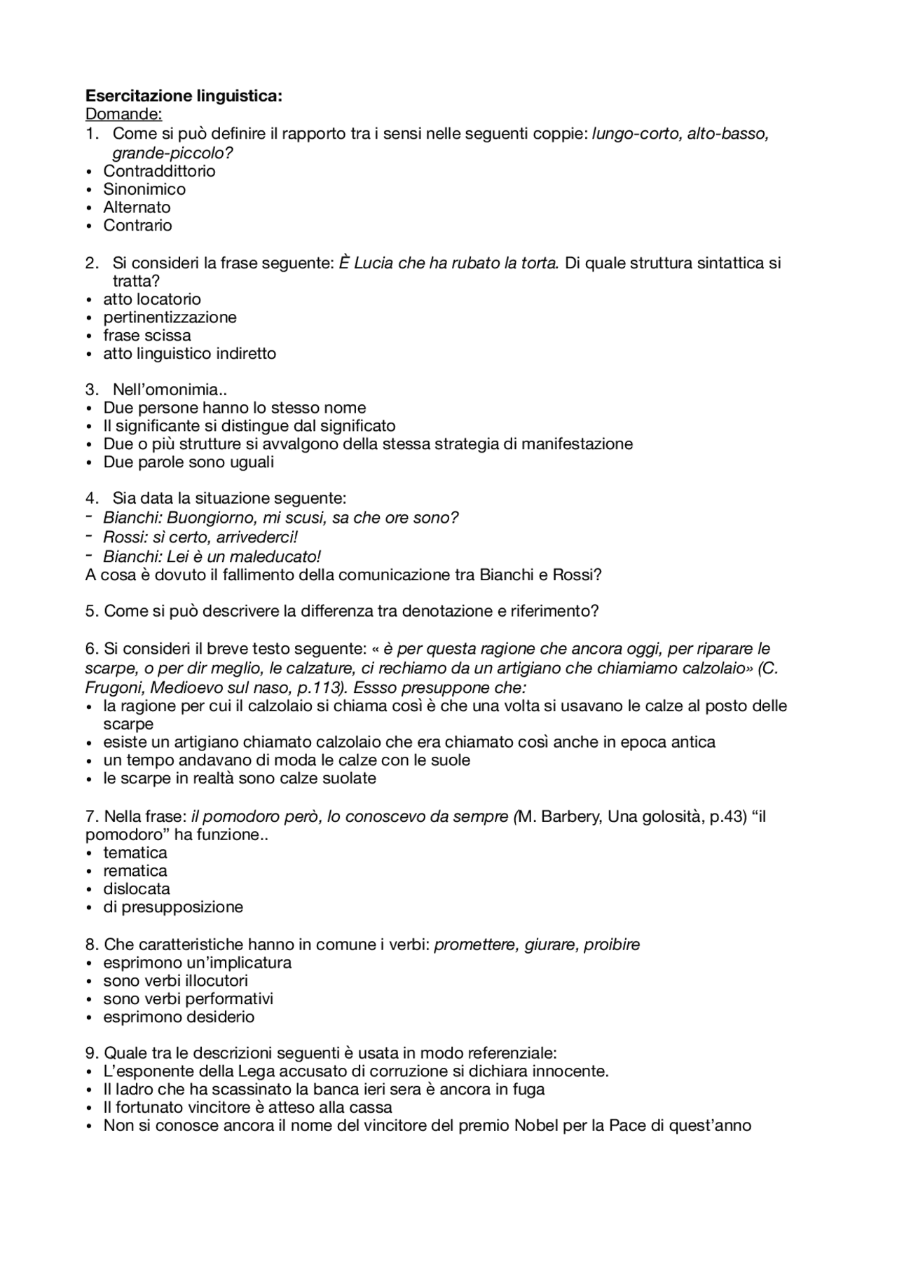 Esercitazione Esame 1 Parziale Linguistica Domande Docsity