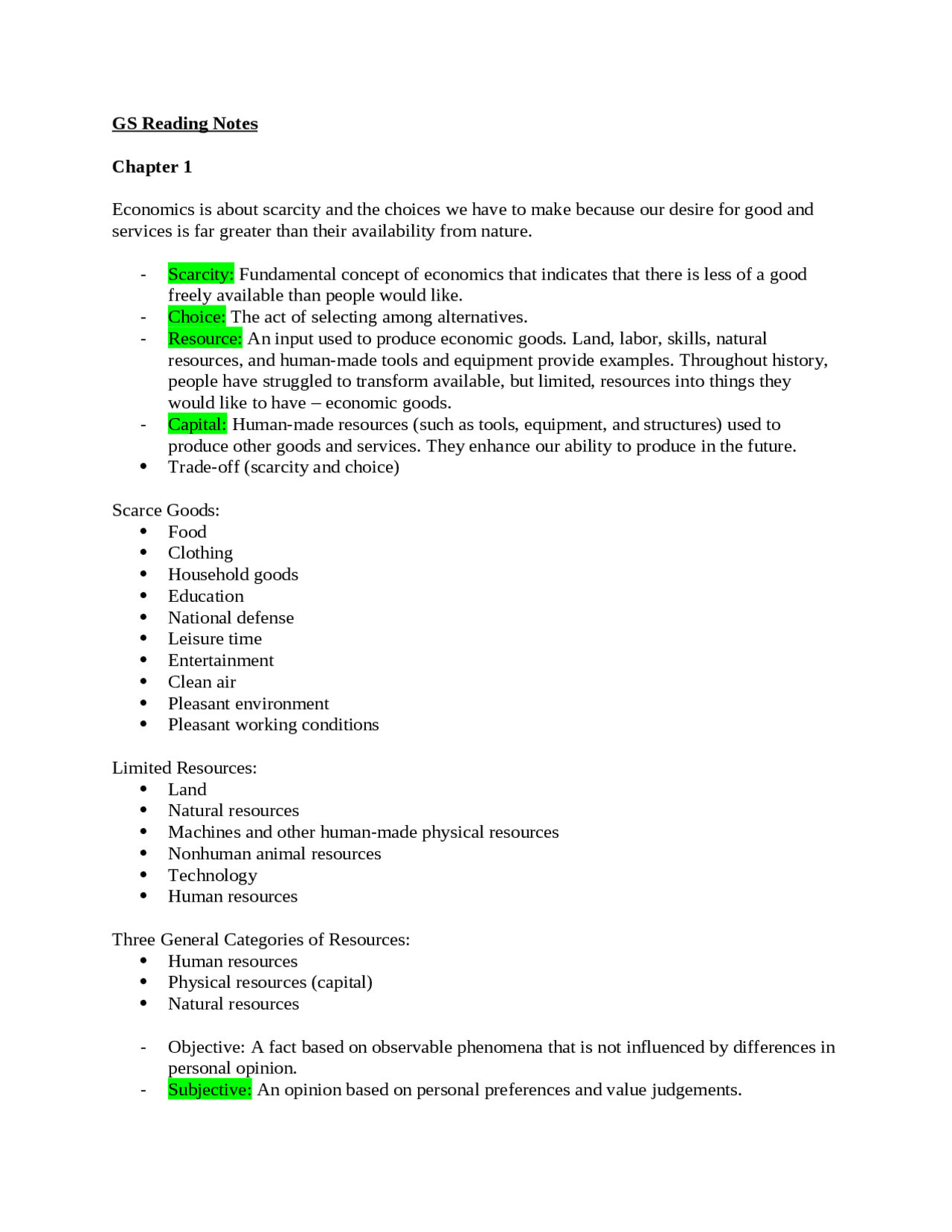 Gs Reading Notes For Microeconomics Docsity
