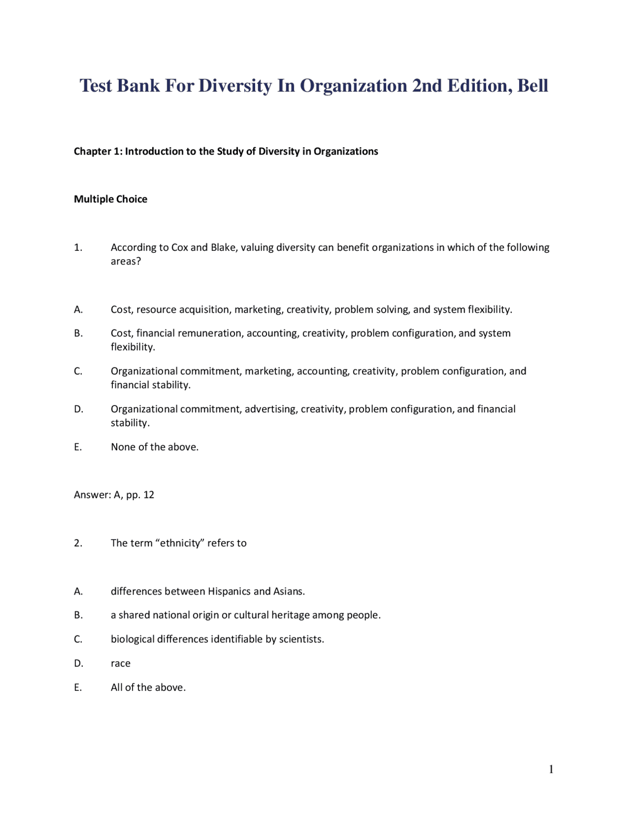 Test Bank For Diversity In Organizations, 2nd Edition by Myrtle P. Bell ...