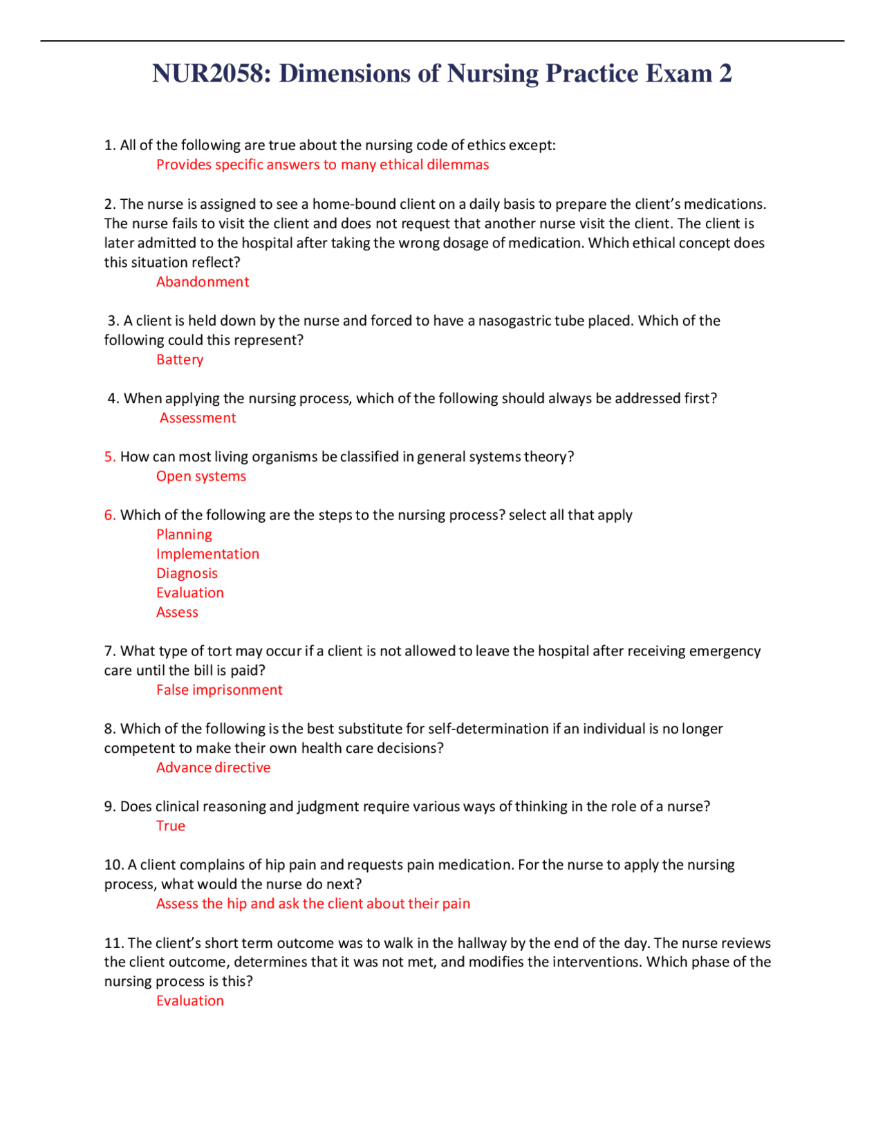 NUR 2058 / NUR2058: Dimensions of Nursing Practice Exam 2 (Latest 2022 ...
